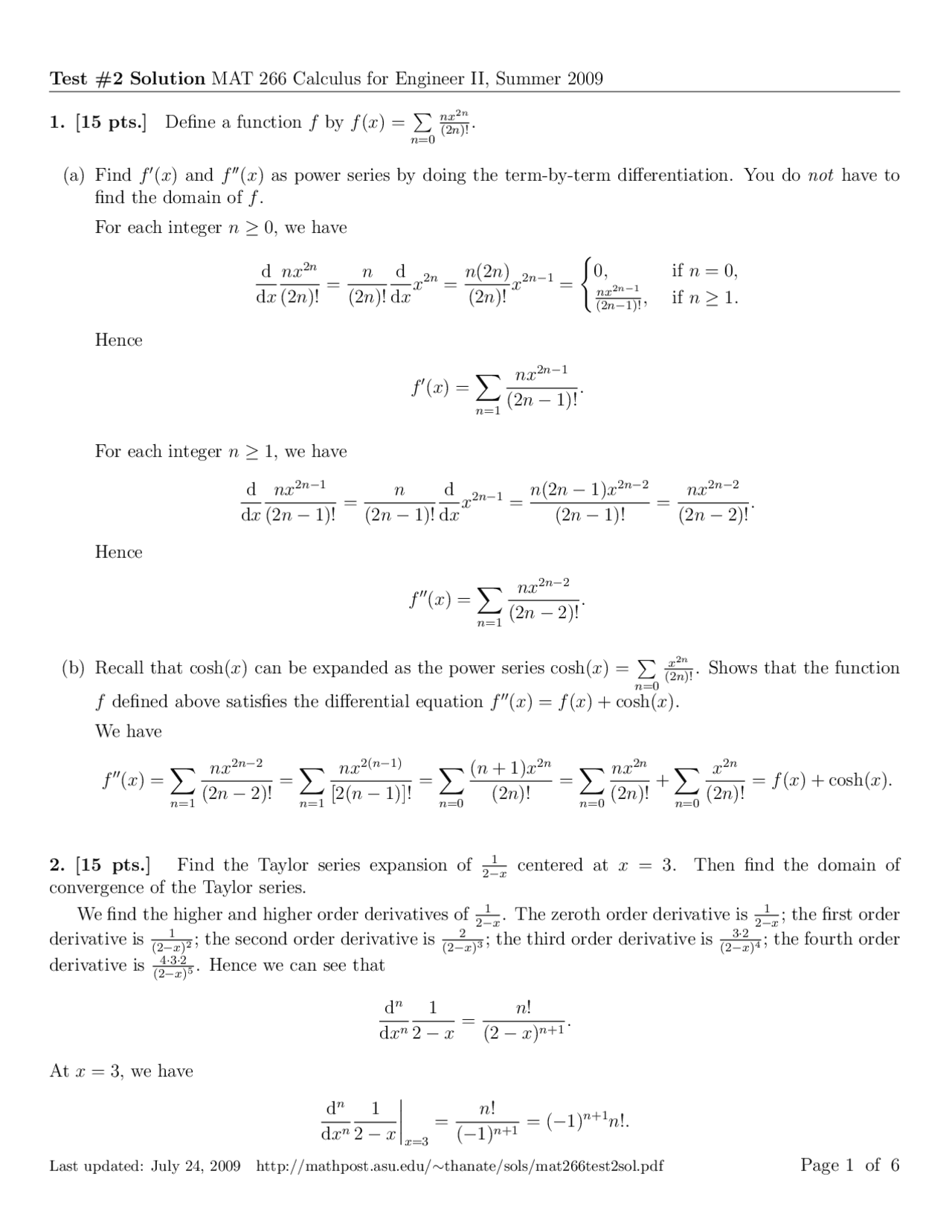Test 2 With Solutions Calculus For Engineers Ii Mat 266 Docsity