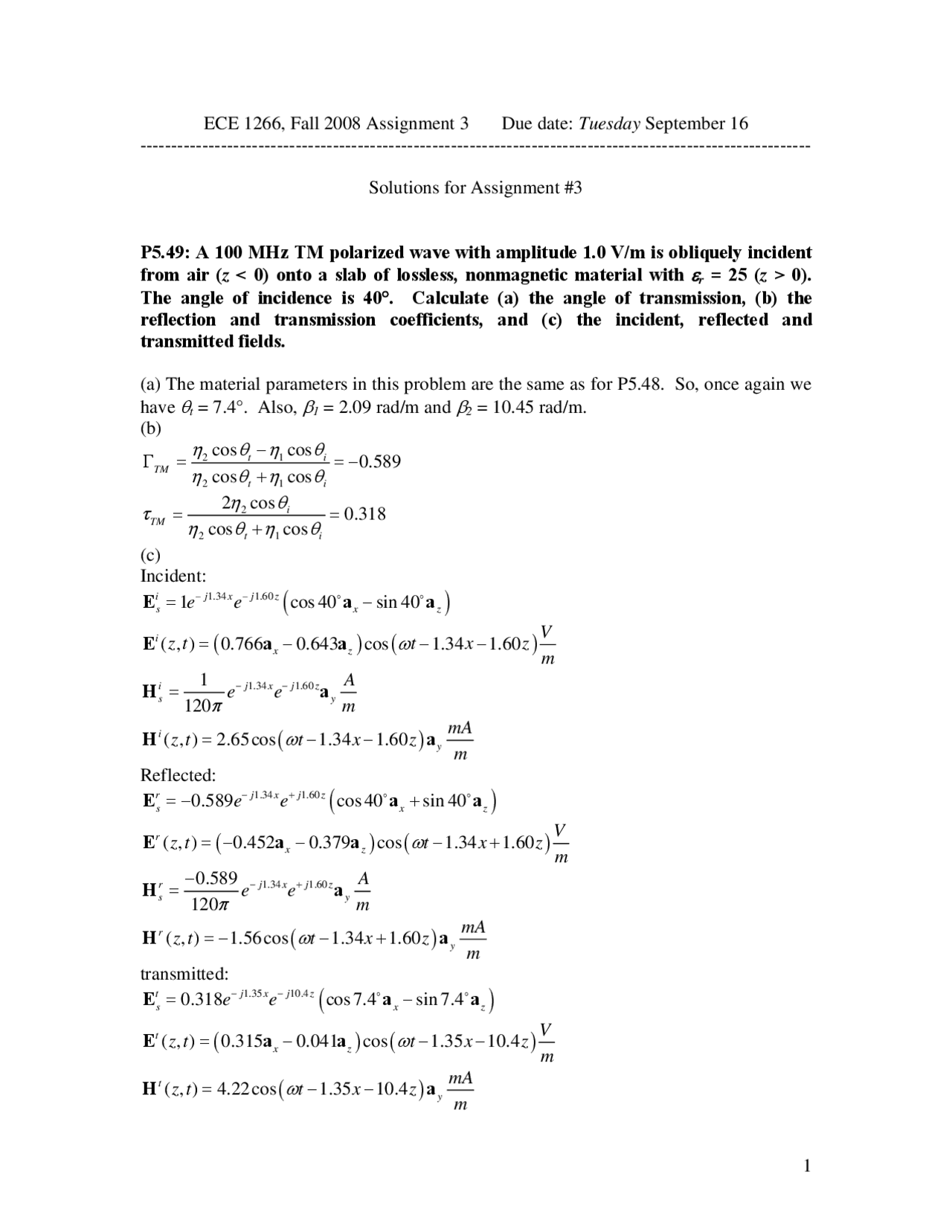 Solutions For Assignment 3 Applications Of Fields And Waves Ece