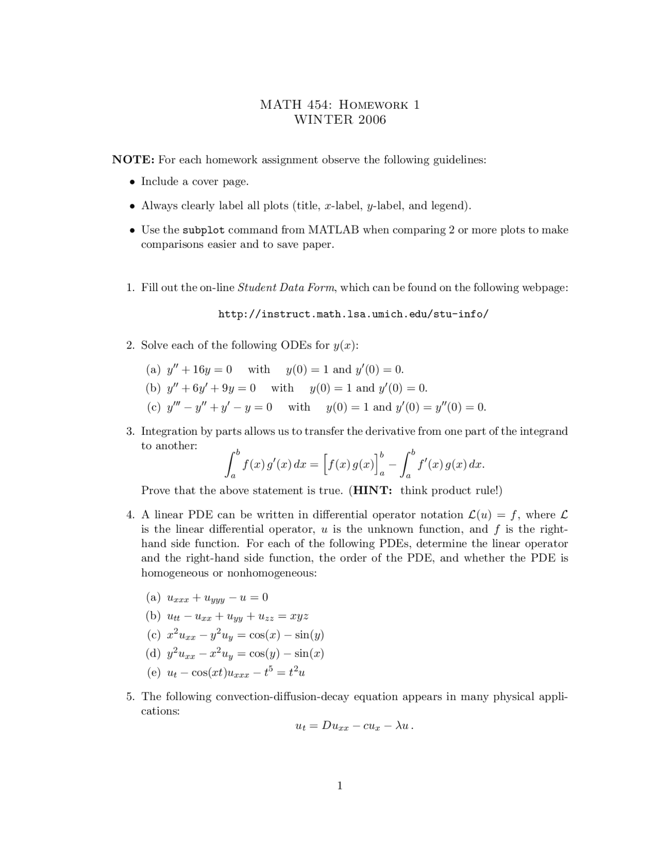 8 Problems On Boundary Value Problems Homework 1 Math 454 Docsity