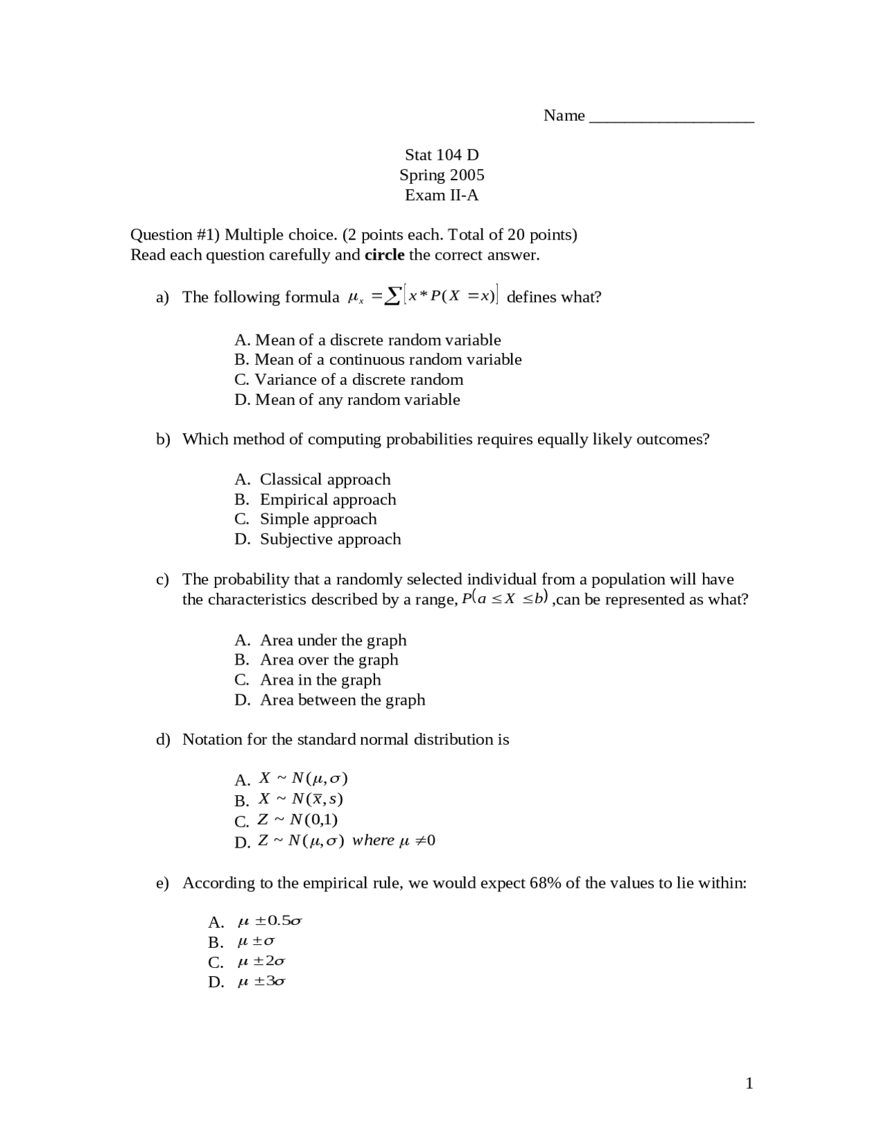 Multiple Choice Questions Of Introduction To Statics Final Exam Stat 104 Docsity