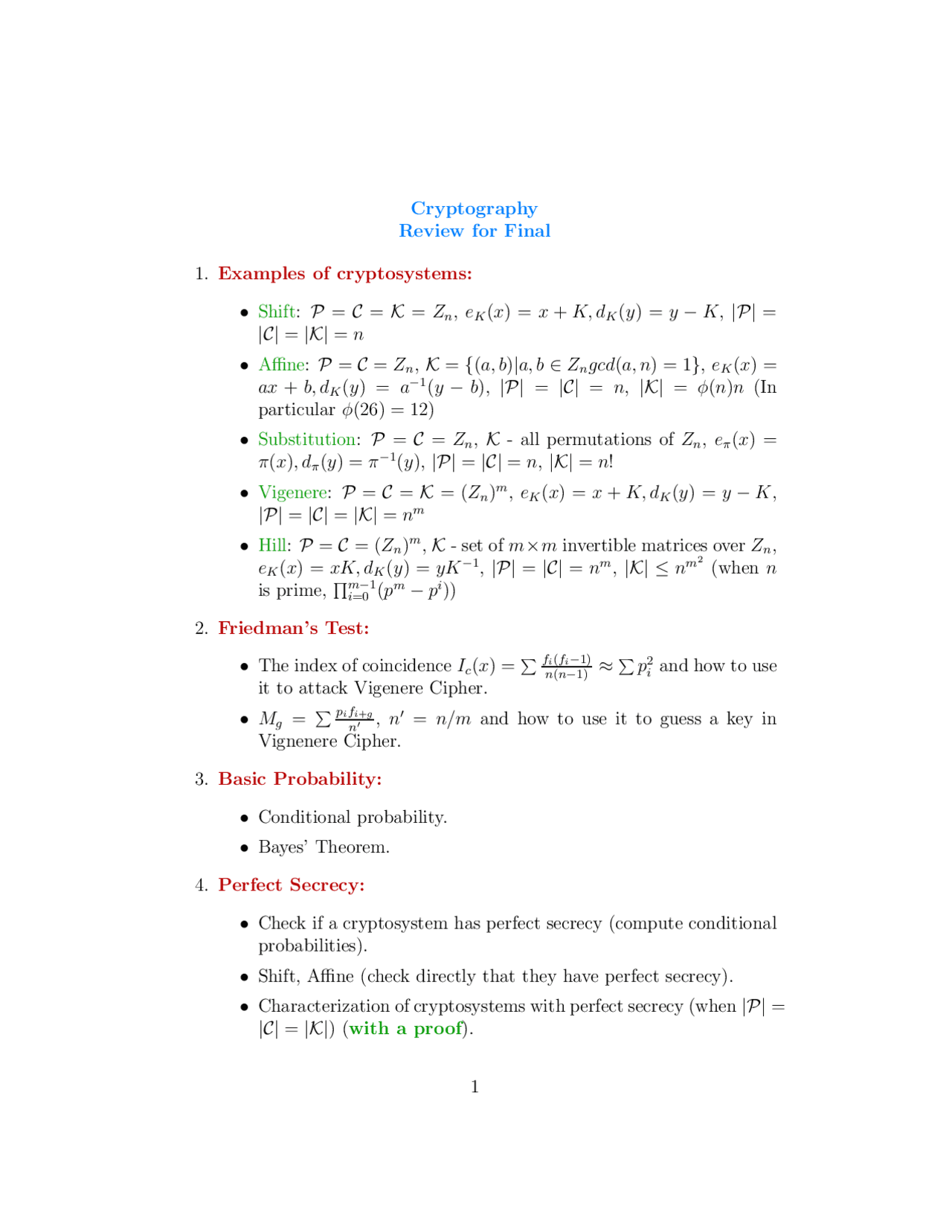 Review Notes For Final Exam Cryptography Mat 447 Docsity