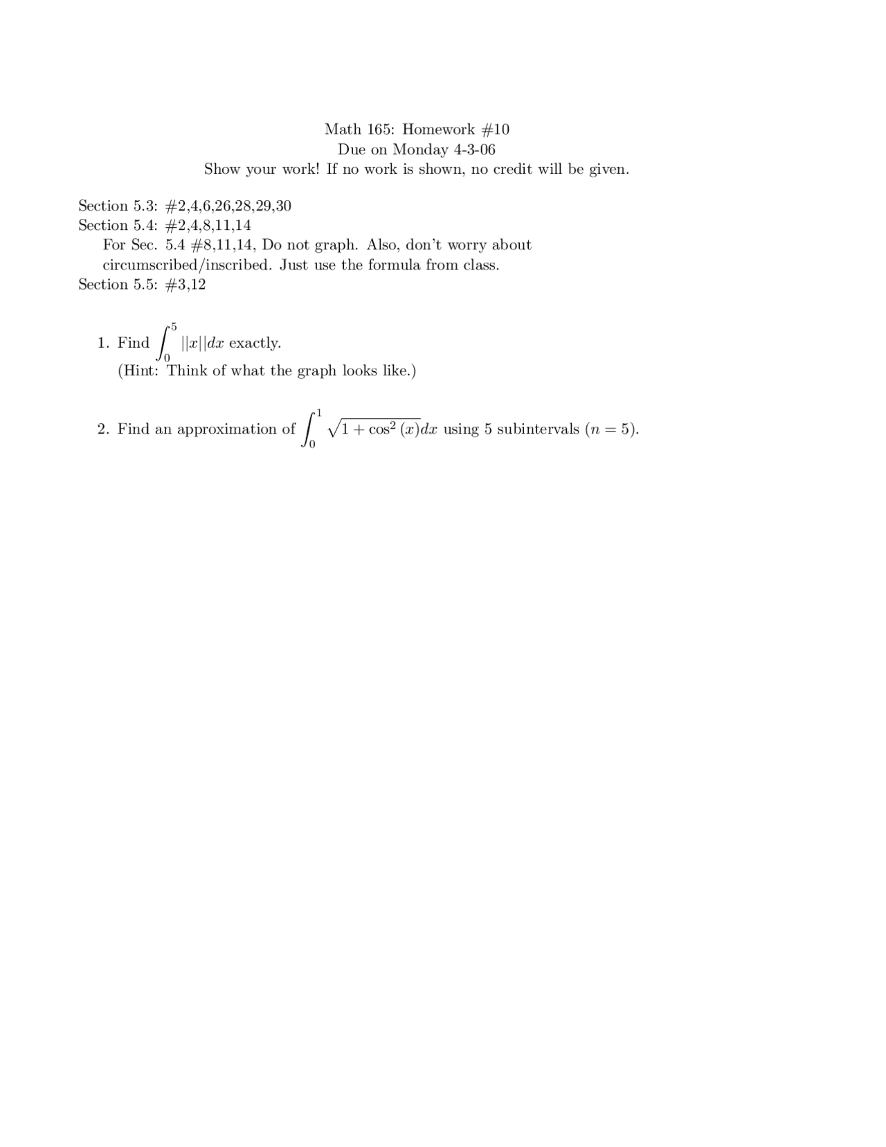 Math 165 Homework Assignment: Section 5.3 and 5.4 - Prof. Cory Lee Howk | Assignments Calculus ...