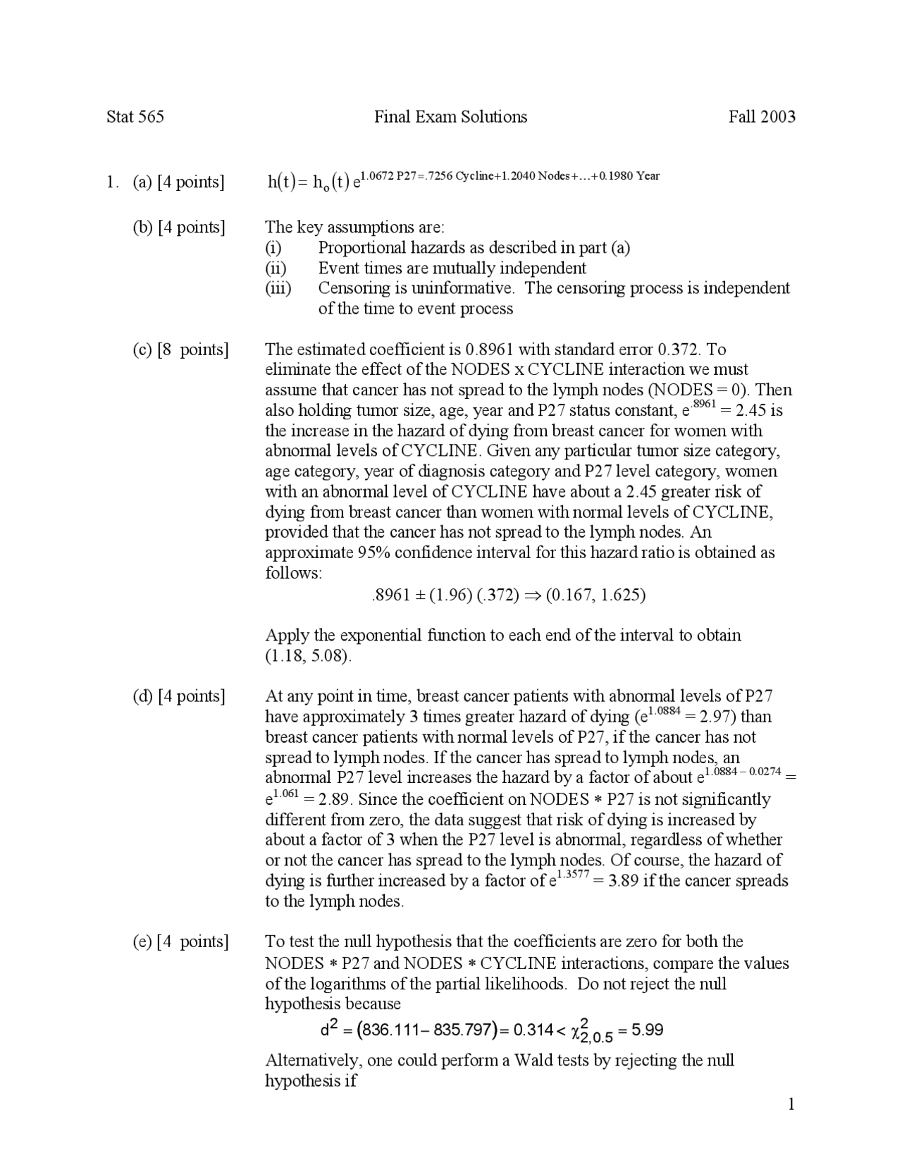 Final Exam Solutions Methods In Biostatistics Stat 565 Docsity