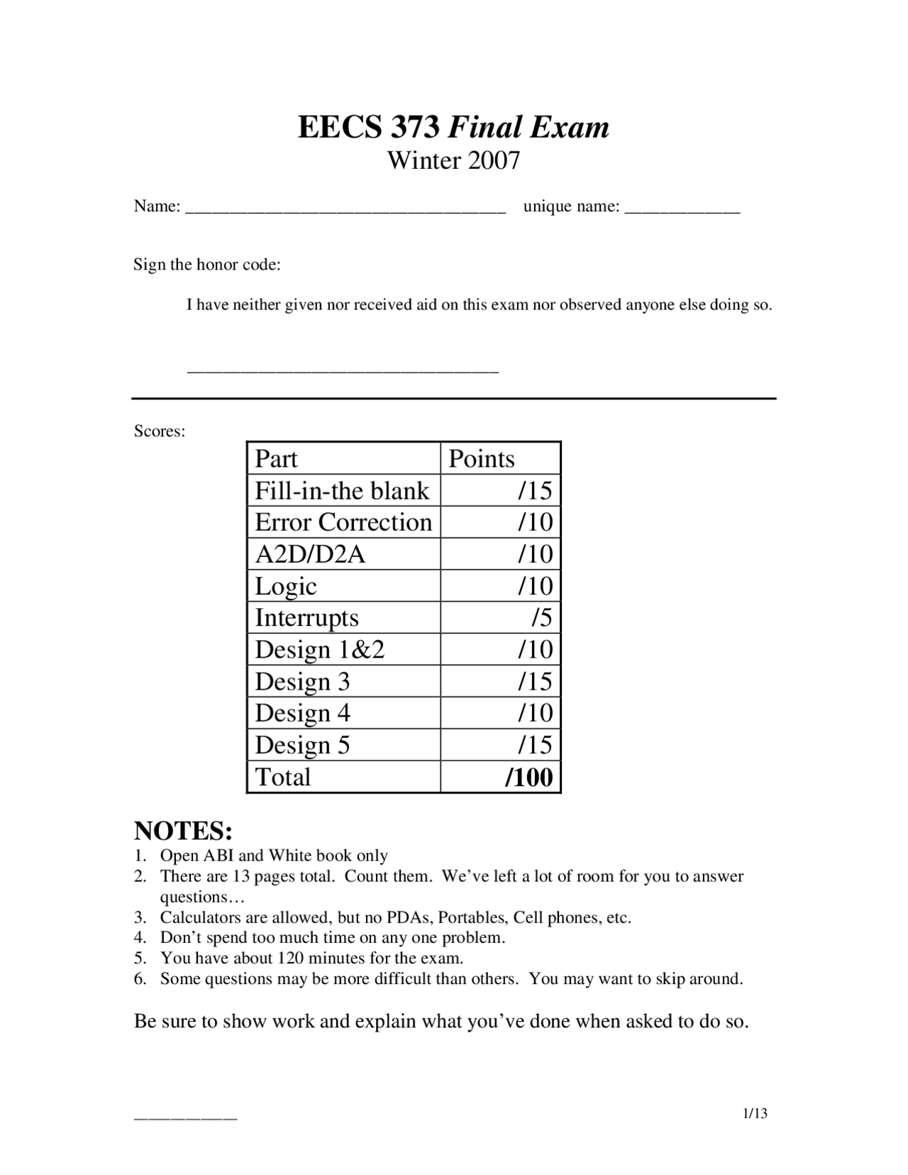 Final Exam Microprocessor System 2007 Eecs 373 Docsity
