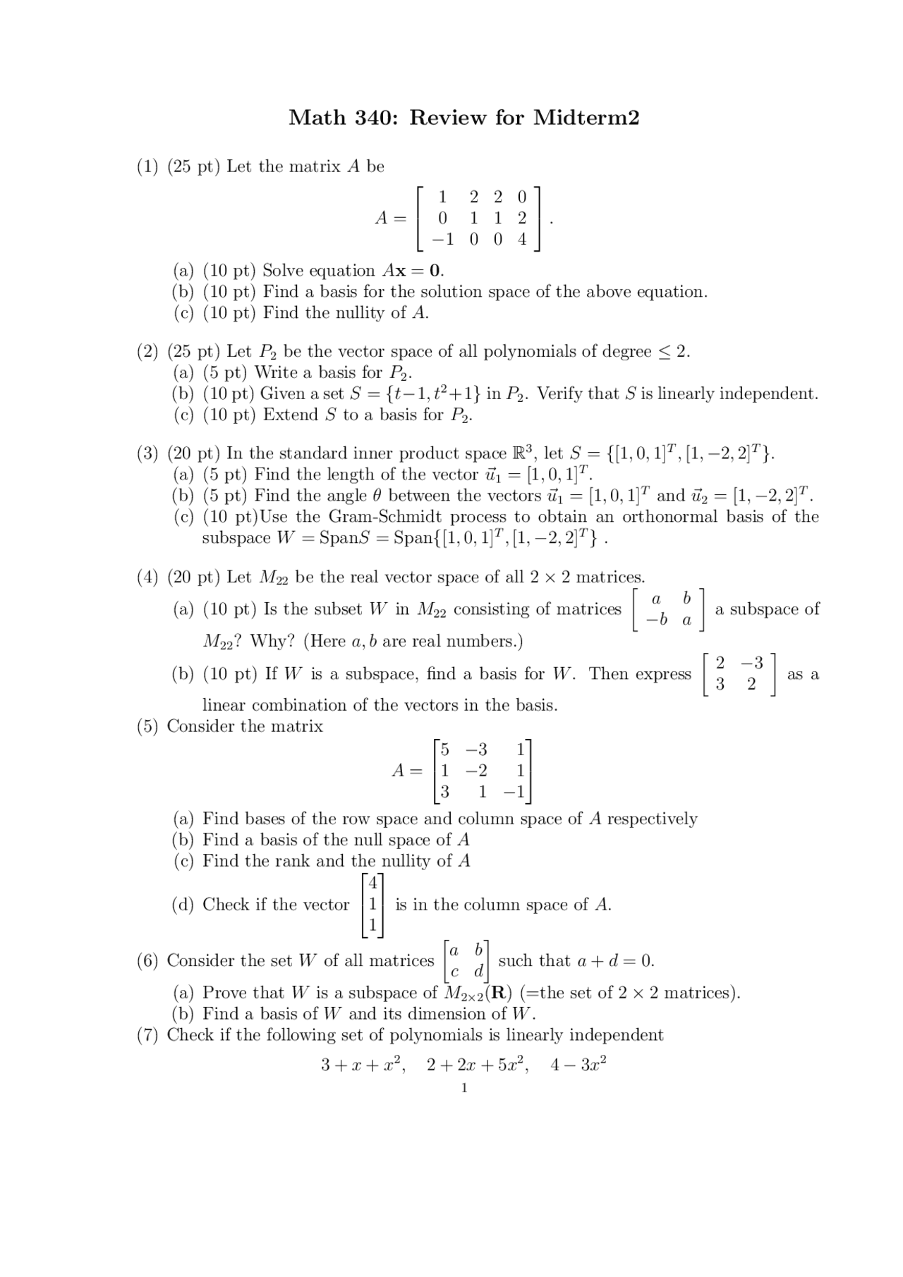 9 Questions On Elementary Matrix And Linear Algebra Midterm Exam