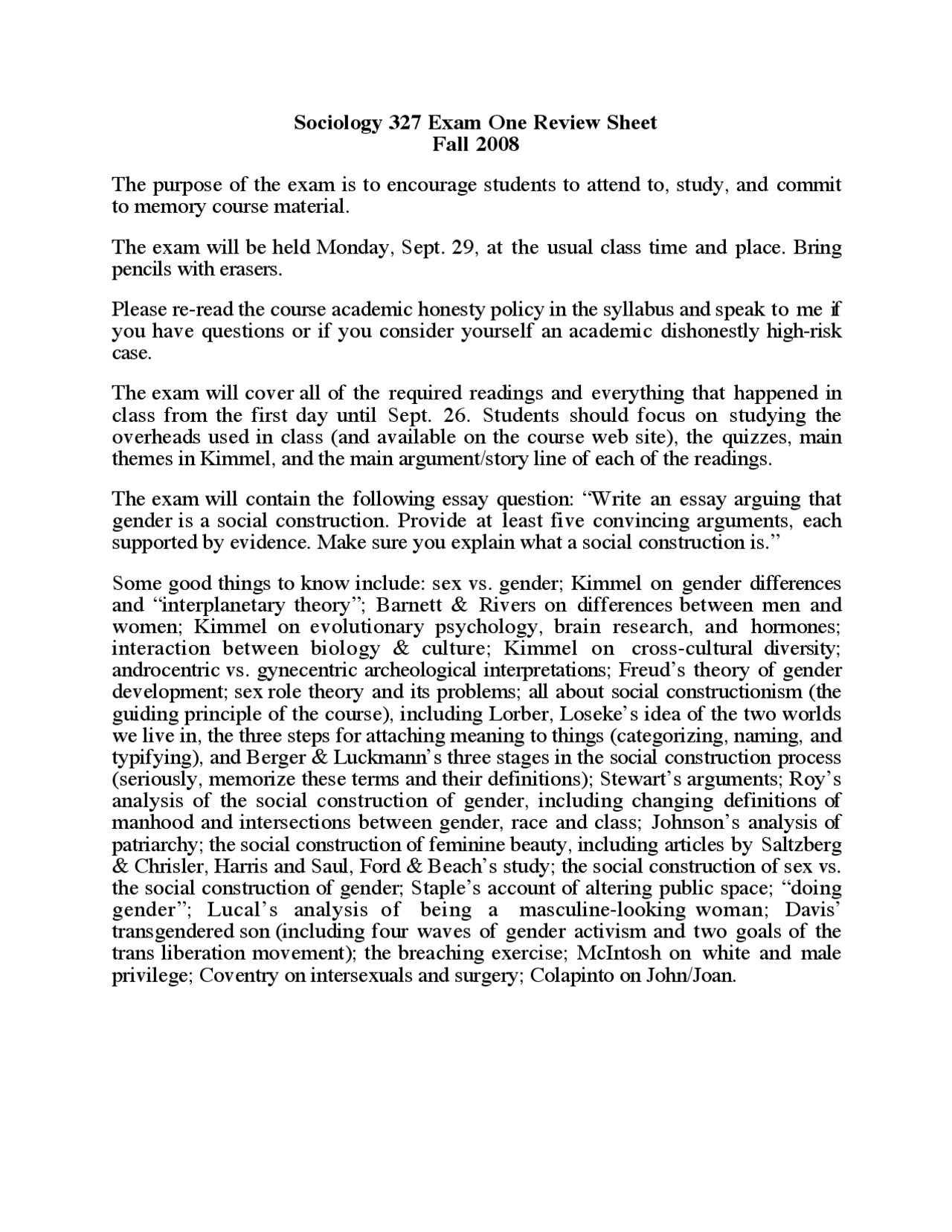 Sex And Gender In Society Exam 1 Review Sheet Soc 327 Docsity