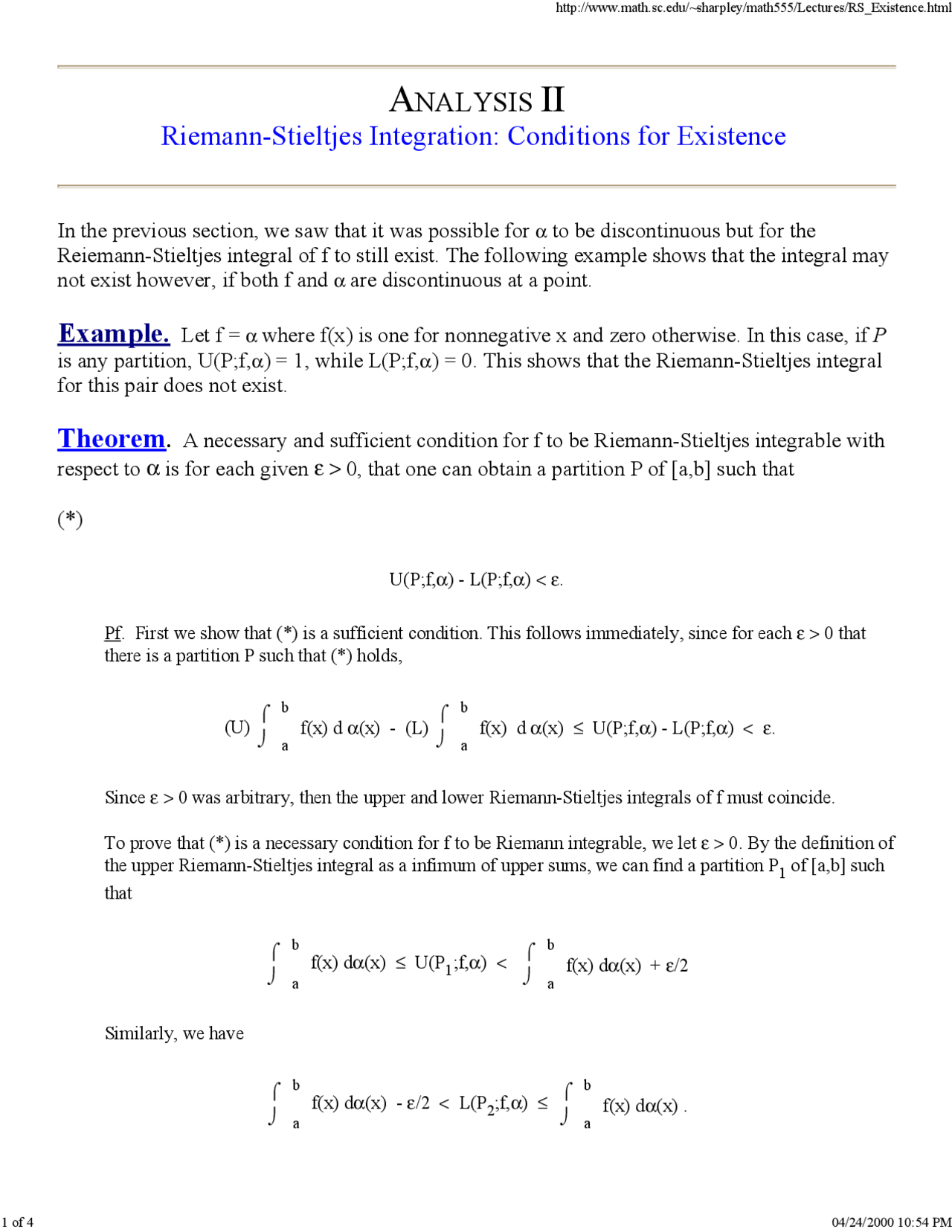 Riemann Stieltjes Integral Theorems - Analysis II | MATH 555 - Docsity