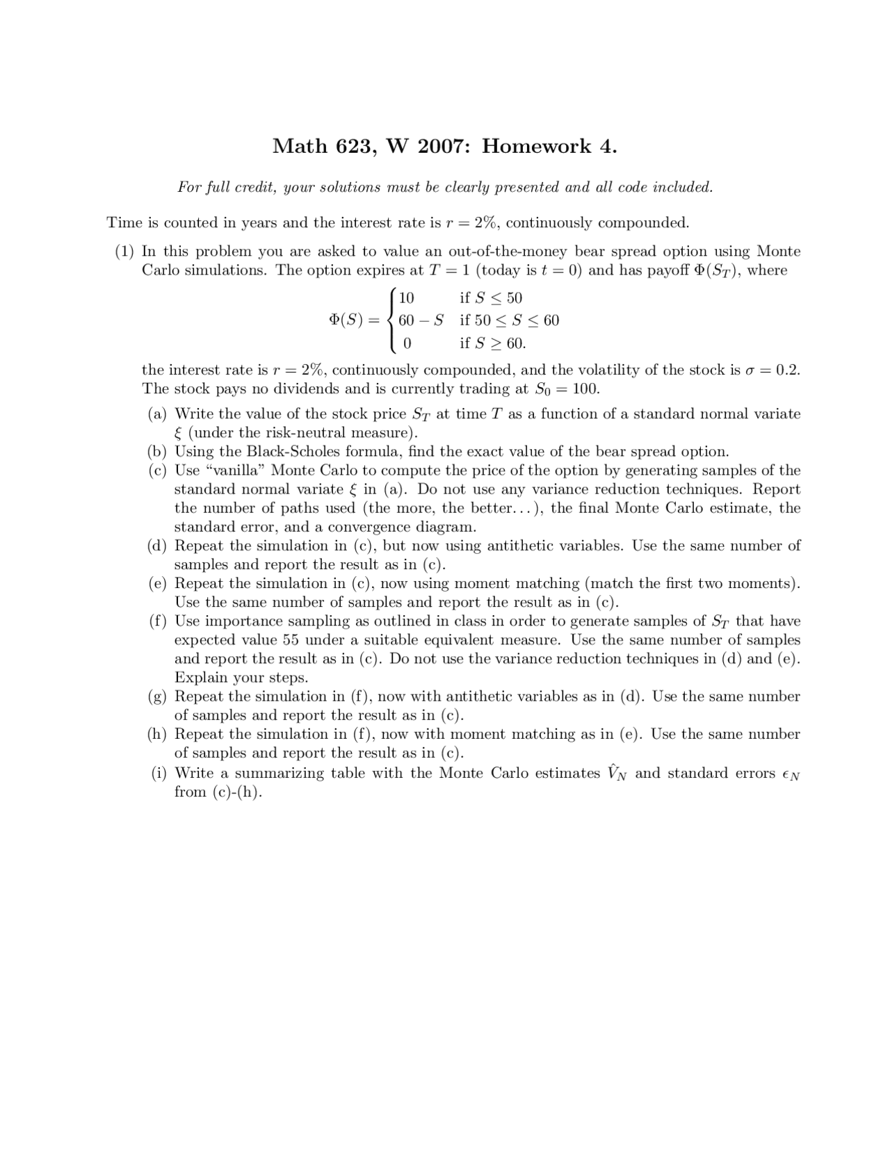 Computational Finance Practice Homework 4 Questions Math 623 Docsity