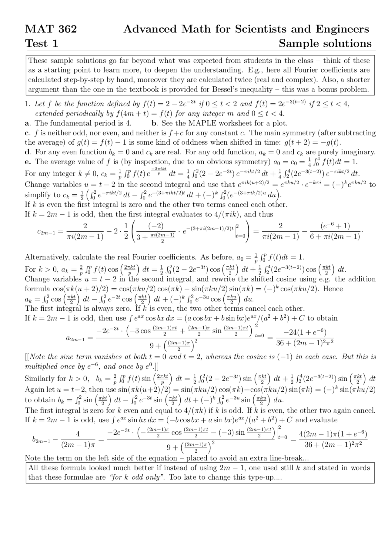 Test 1 With Sample Solutions For Advanced Mathematics For Scientists