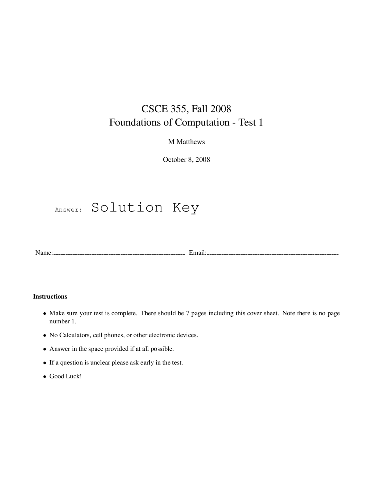Test 1 Practice Questions Foundation Of Computation Csce 355 Docsity