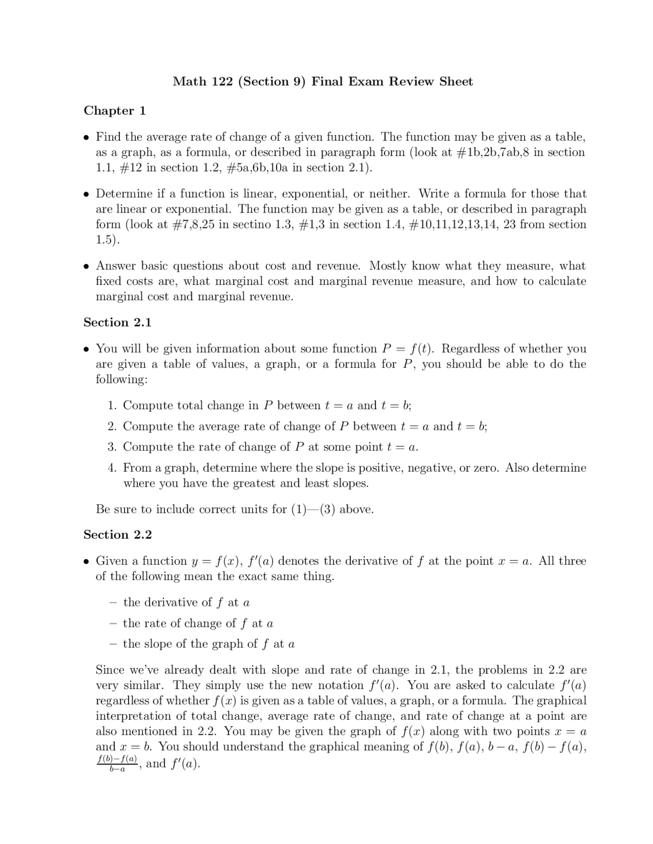 Review Sheet Final Exam Principles Chemistry Math 122 Docsity