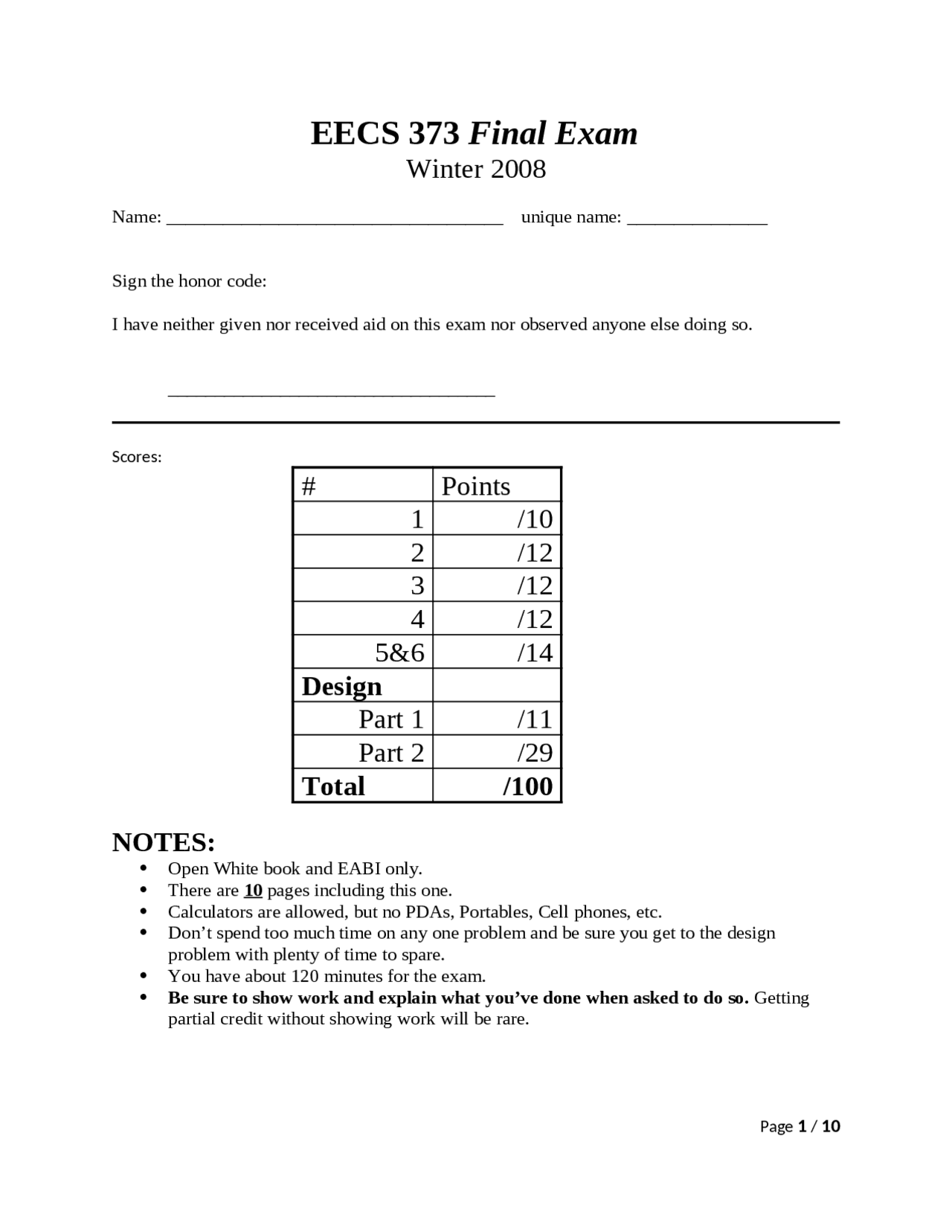 Past Final Exam Fall 2008 Descriptive Microprocessor System Eecs