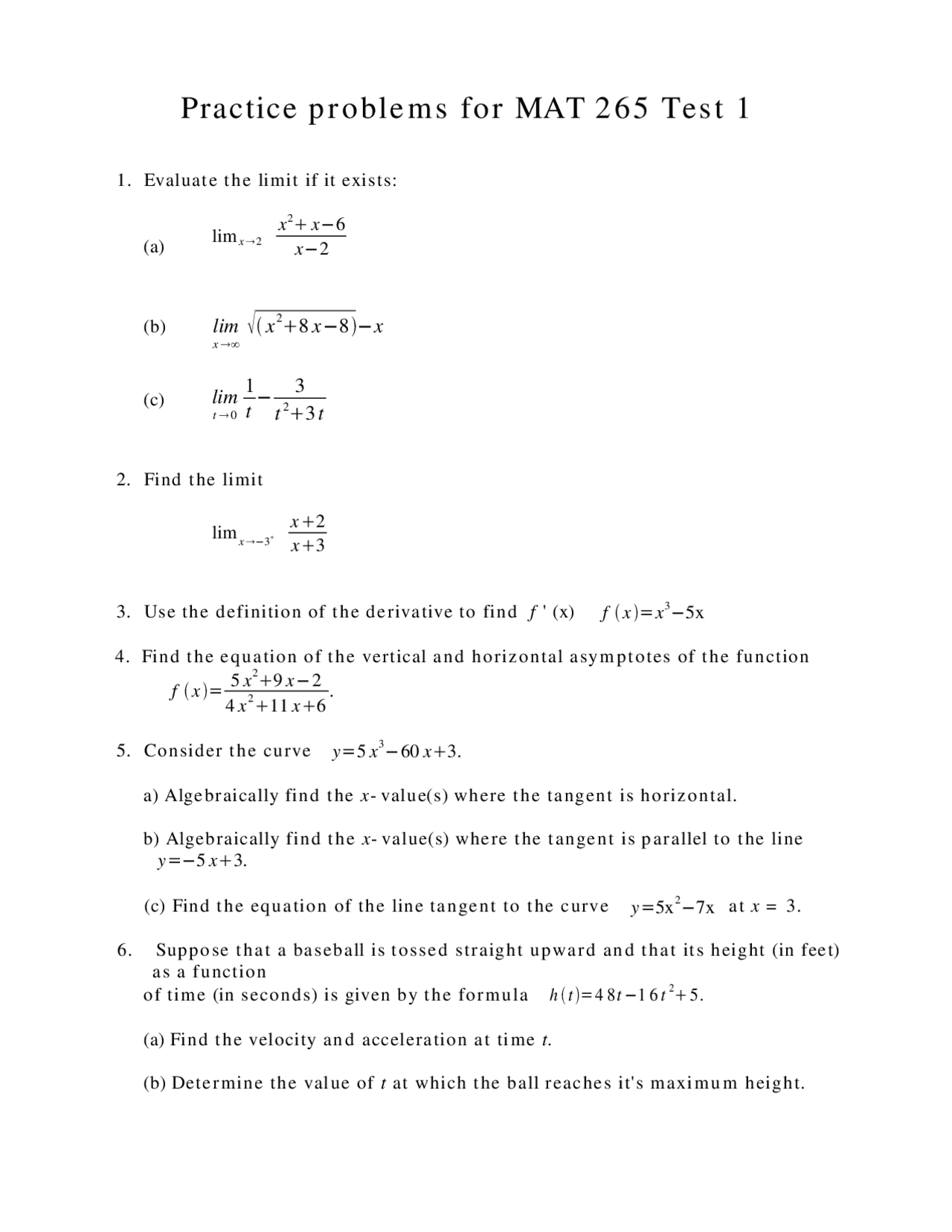 Practice Problems For Test 1 With Solutions Calculus For Engineers I