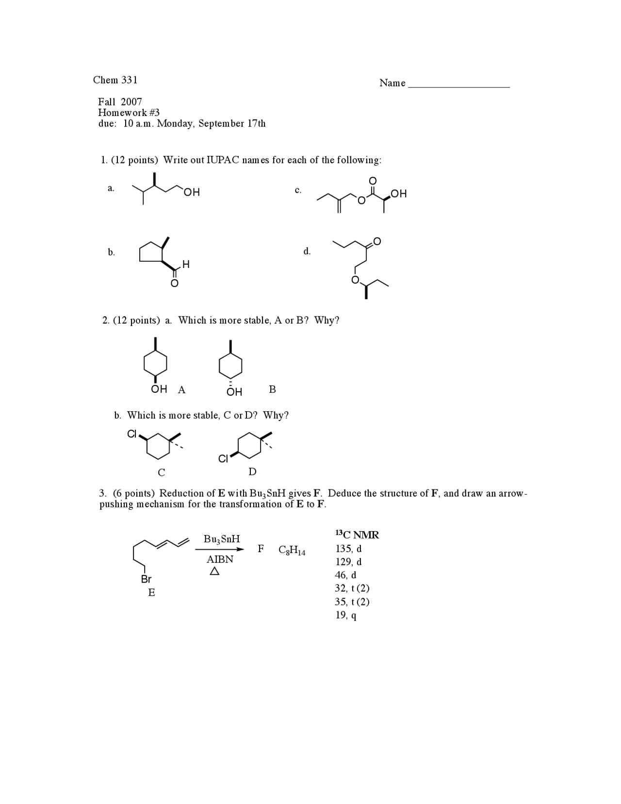 Three Questions On Organic Chemistry Assignment 3 Chem 331 Docsity