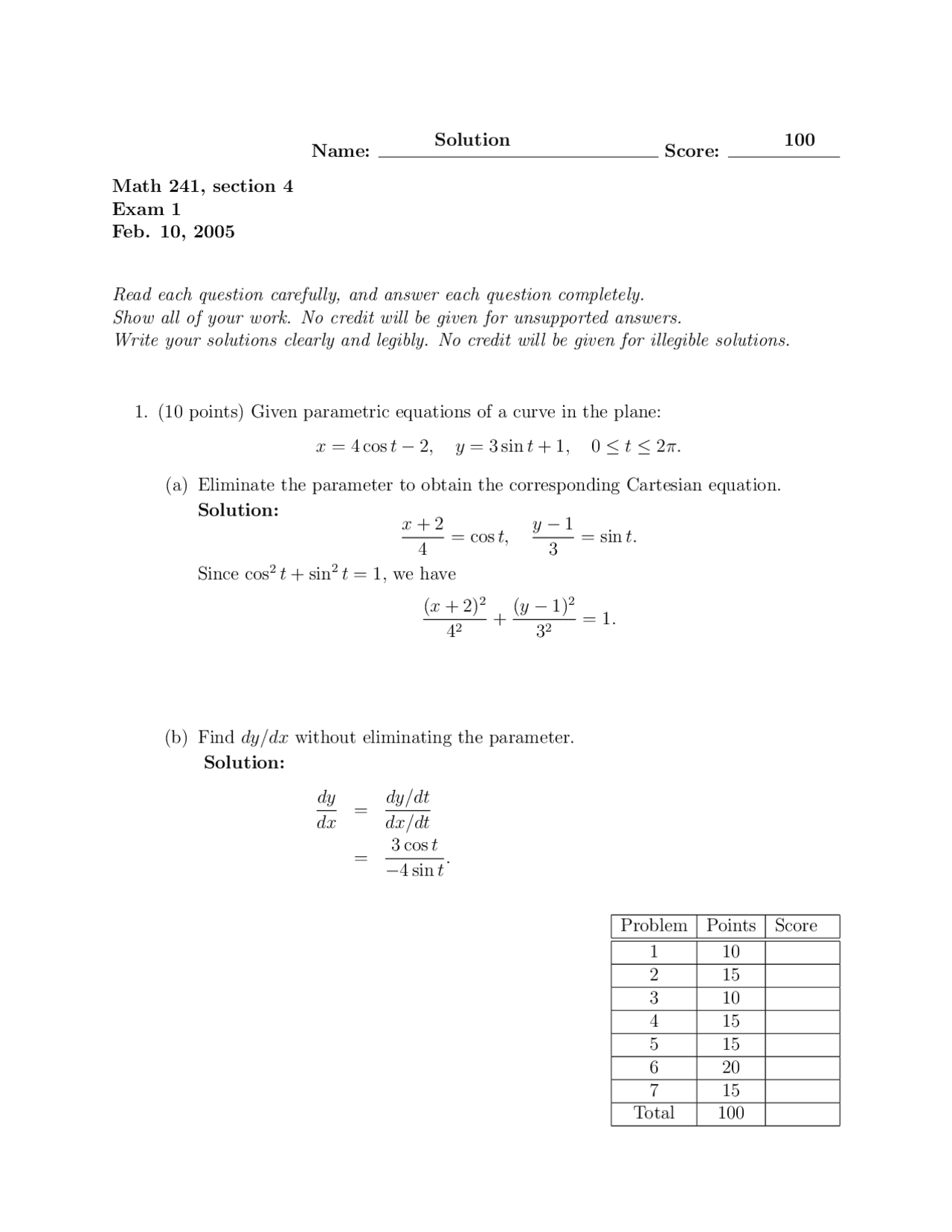 7 Problems With Solutions In Exam 1 Vector Calculus Math 241 Docsity