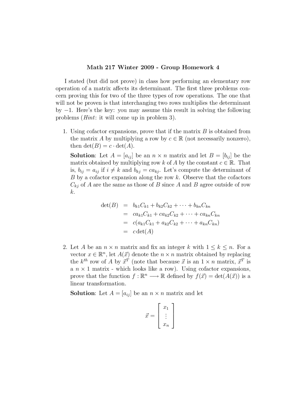 4 Problems With Solutions On Linear Algebra Homework 4 Math 217