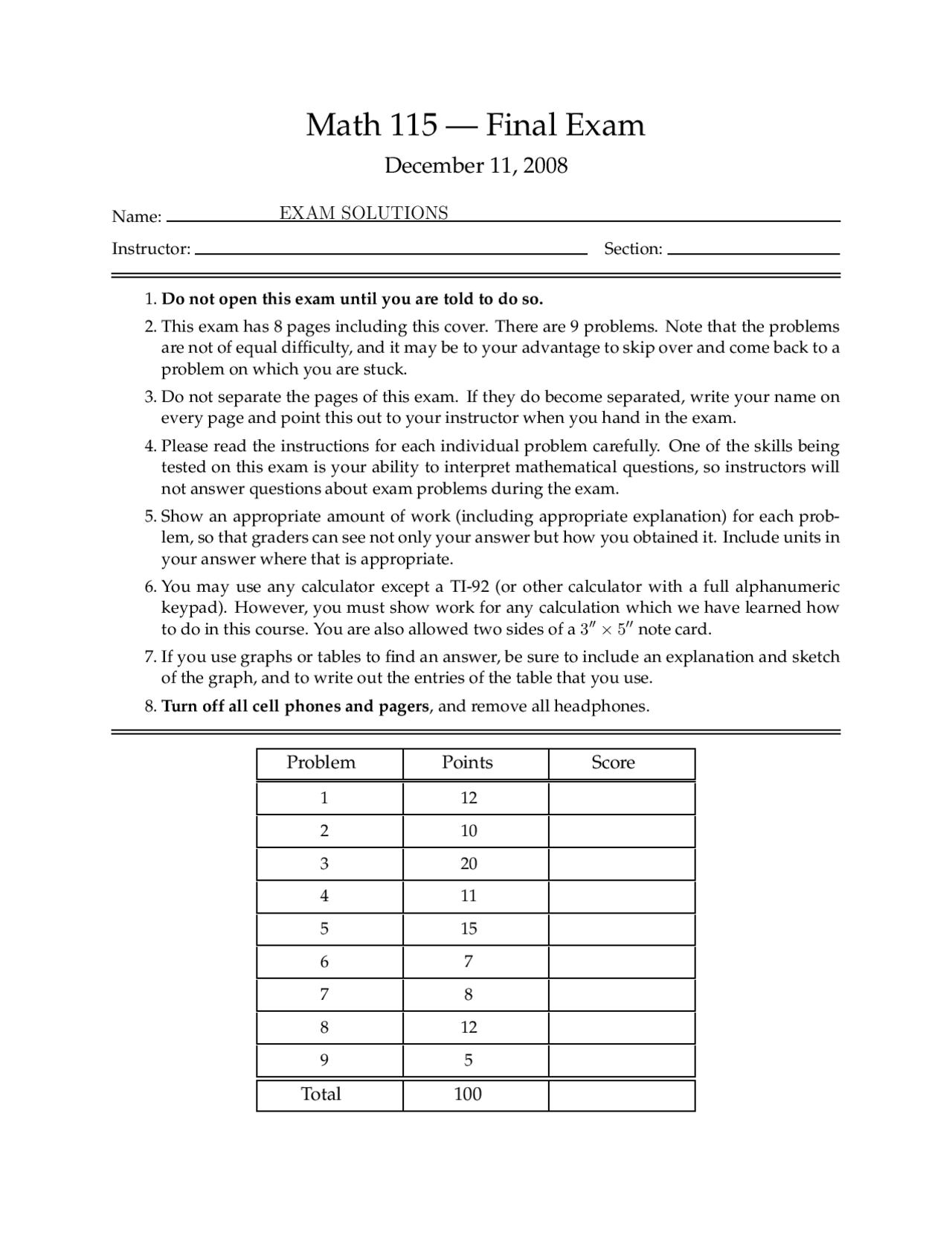 Solutions To Final Exam Calculus I Math 115 Docsity