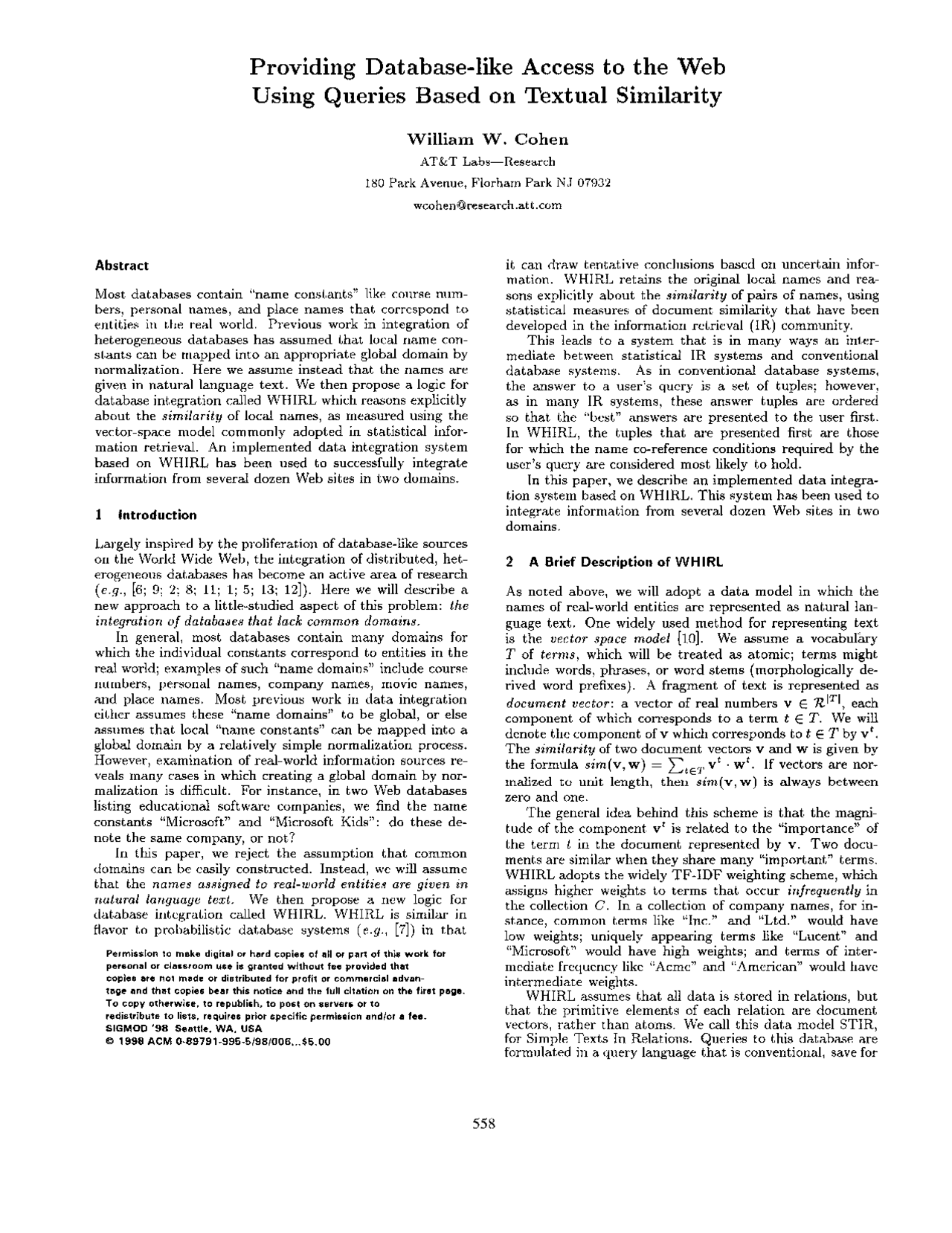 Providing Database Like Access To The Web Using Queries Based On The