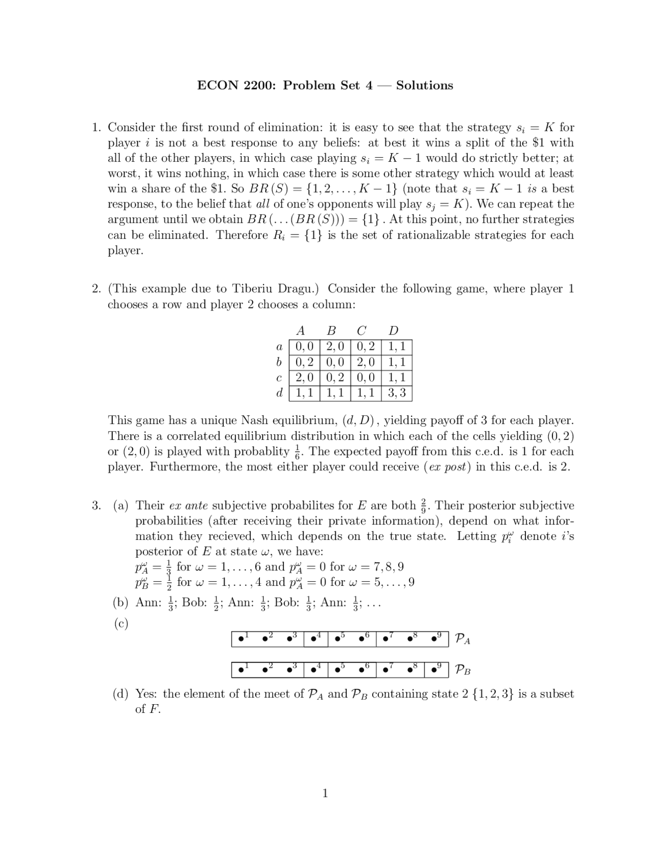 Problems Set 4 Solutions Introduction To Game Theory Econ 2200
