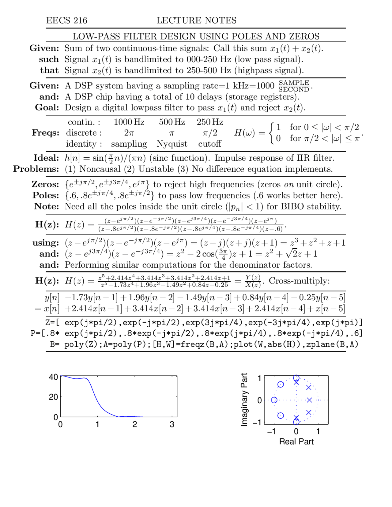 Notes On Low Pass Filter Design Using Poles And Zeros Eecs 216 Docsity