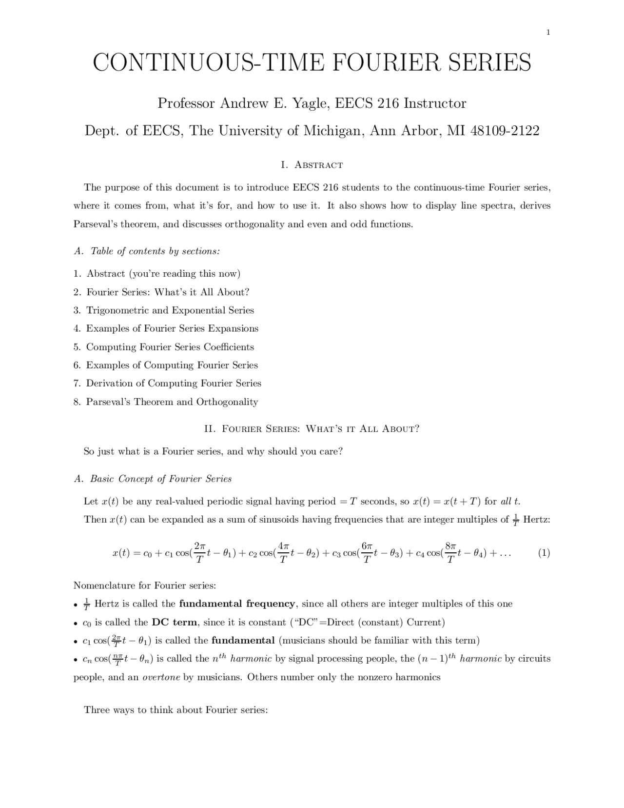 Continuous Time Fourier Series Signals And Systems Introduction Eecs 216 Papers Signals