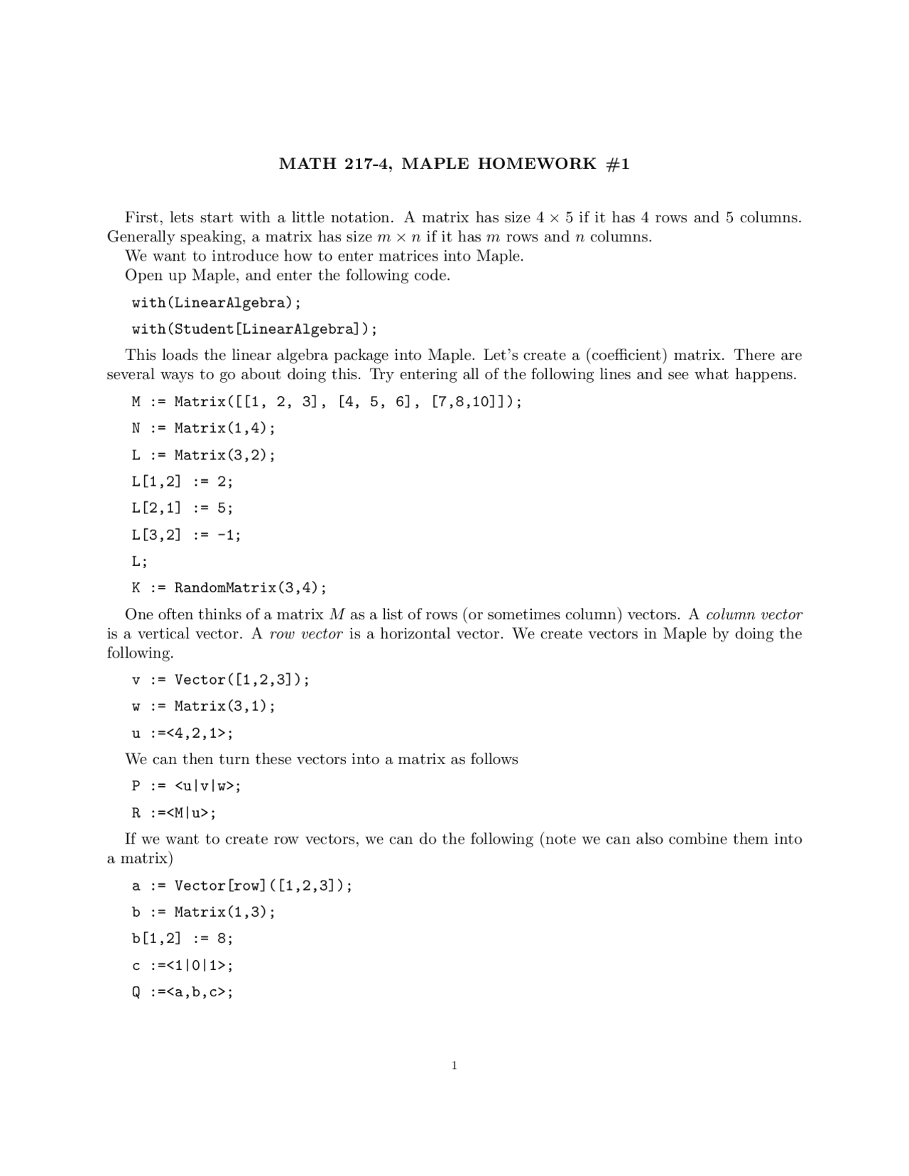 Solved Maple Homework 1 for Linear Algebra | MATH 217 - Docsity