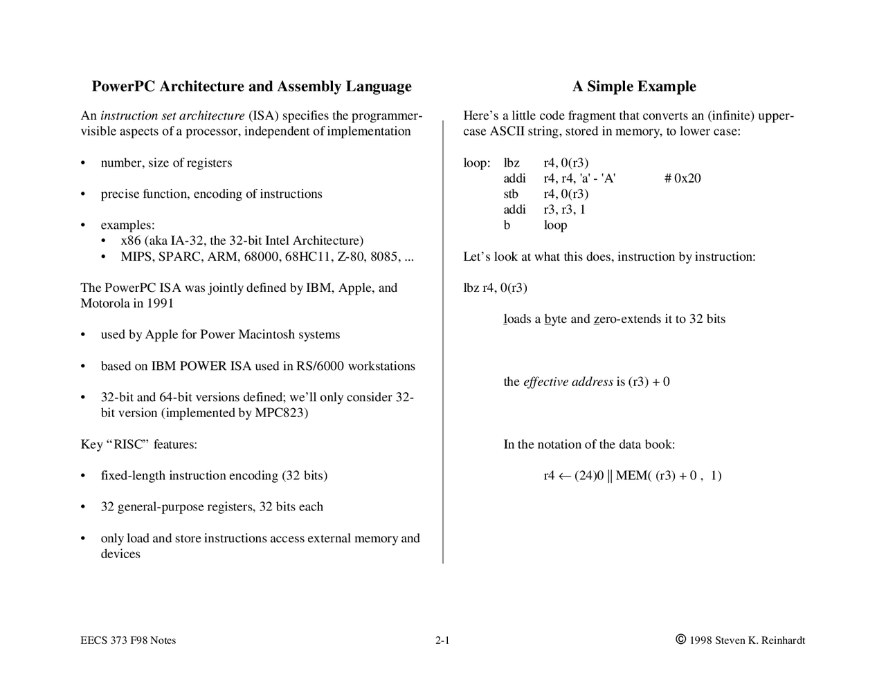 PowerPC Architecture and Assembly Language: EECS 373 F98 Notes | Study ...