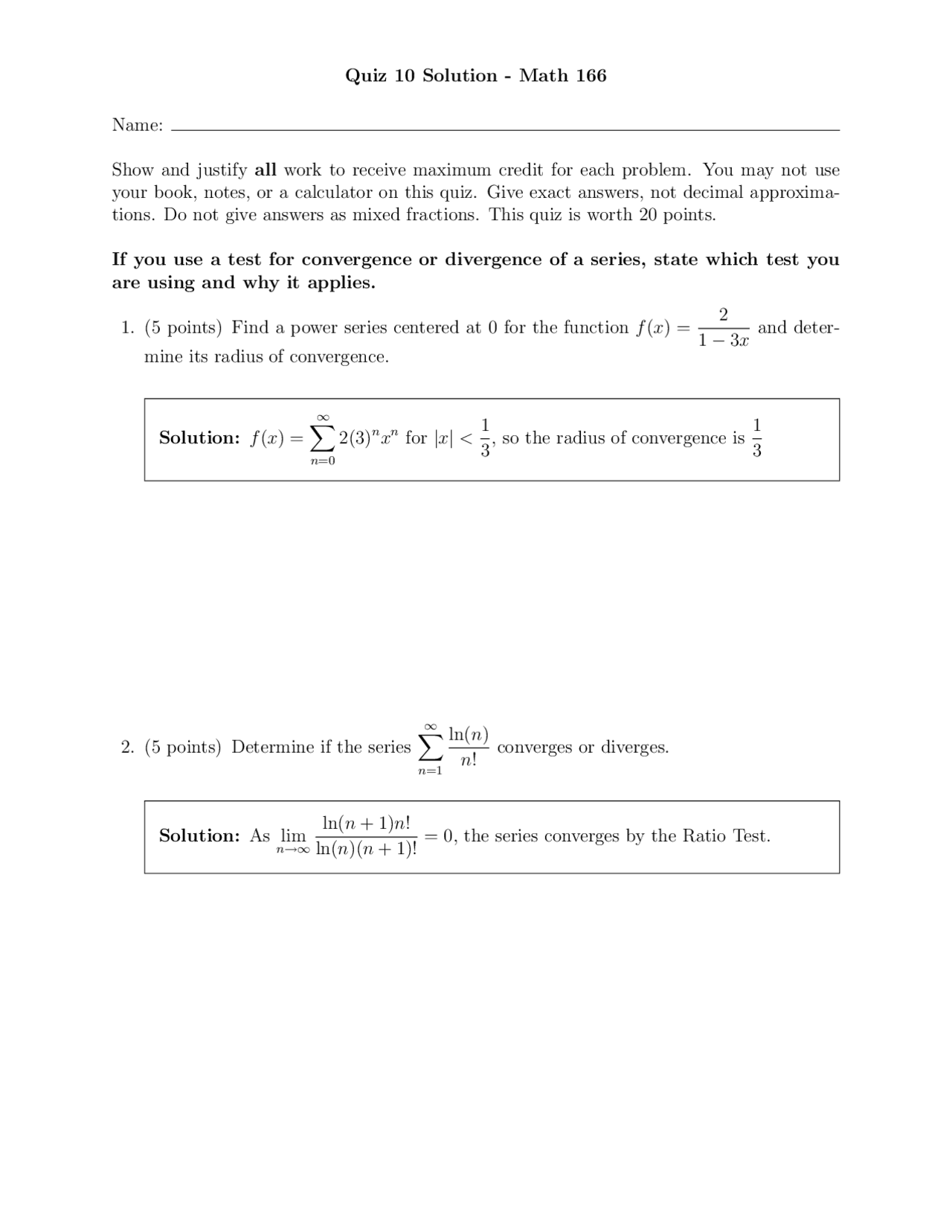 Practice Quiz 10 With Resolution Calculus Ii Math 166 Docsity