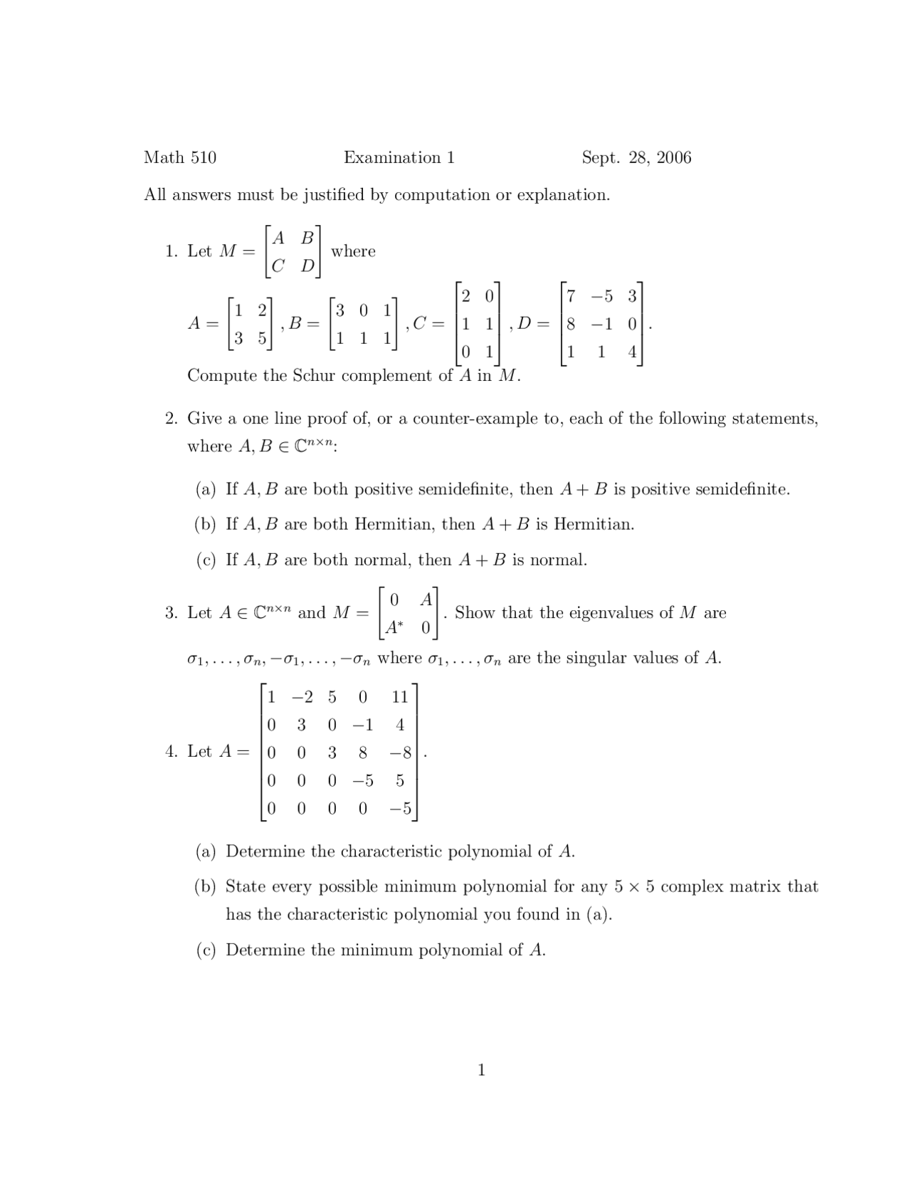 Examination I Questions for Linear Algebra | MATH 510 - Docsity