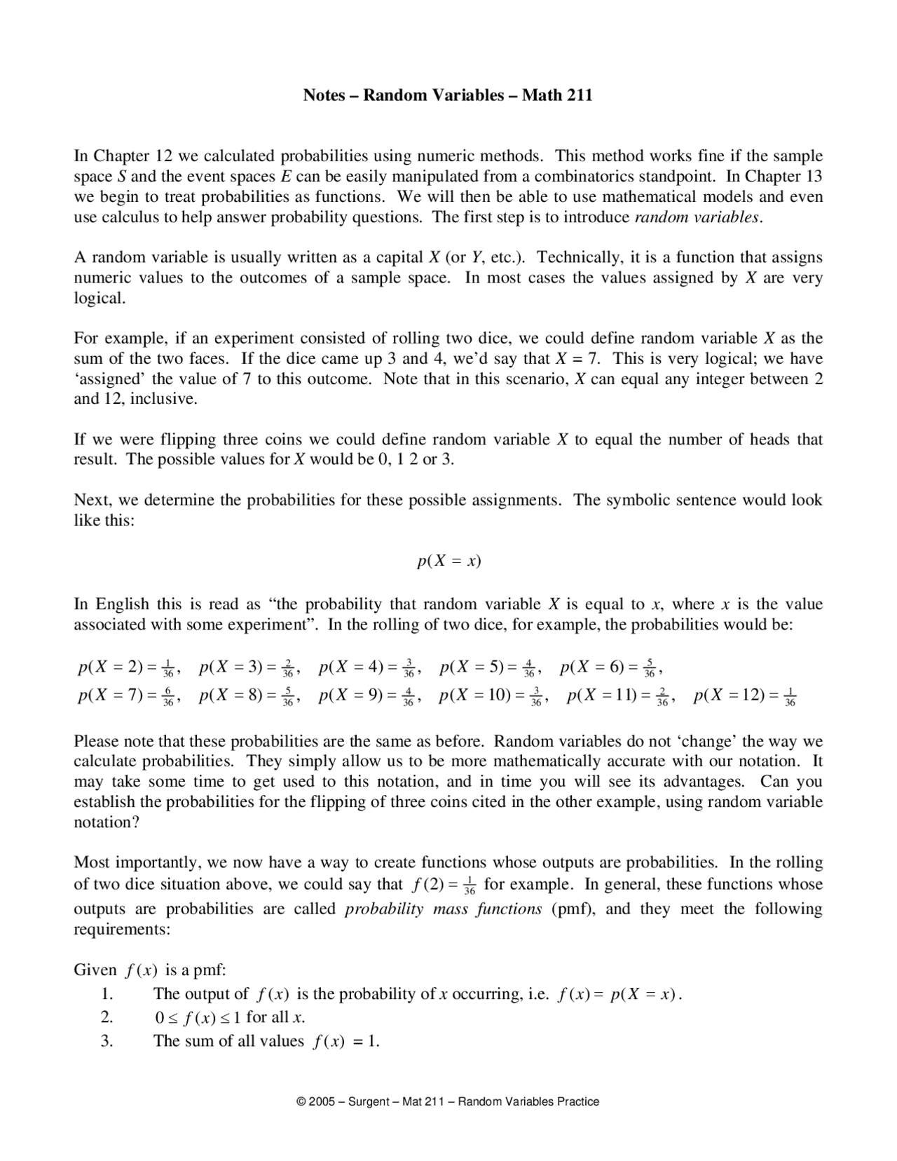 Lecture Notes On Random Variables Math For Business Analysis Mat