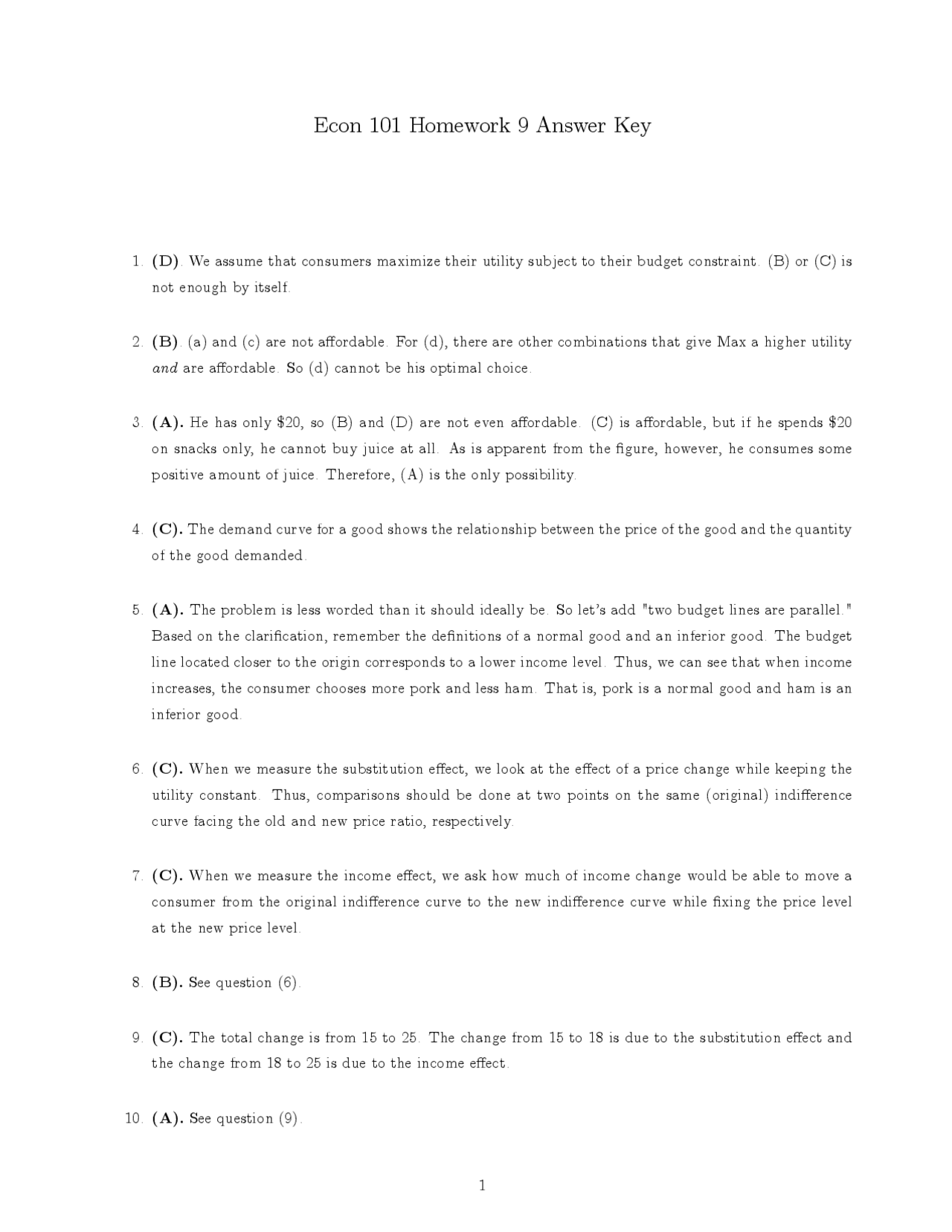Principles Of Microeconomics Problem Set 9 Answer Key Econ 101