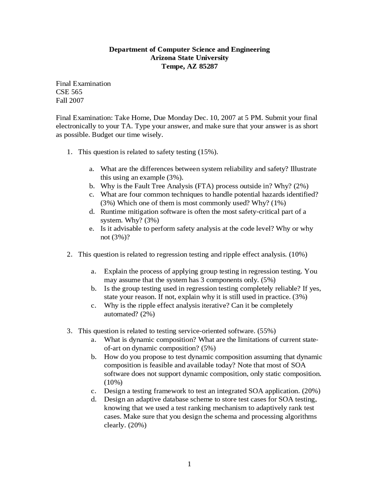 Final Examination For Software Verification Validation Test Cse 565 Exams Computer Science