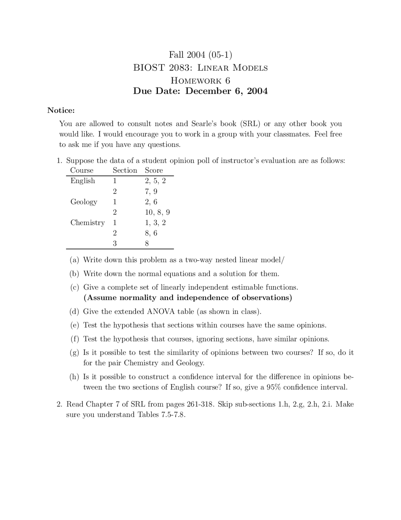 Homework 6 Questions To Resolution Linear Models Biost 2083 Docsity