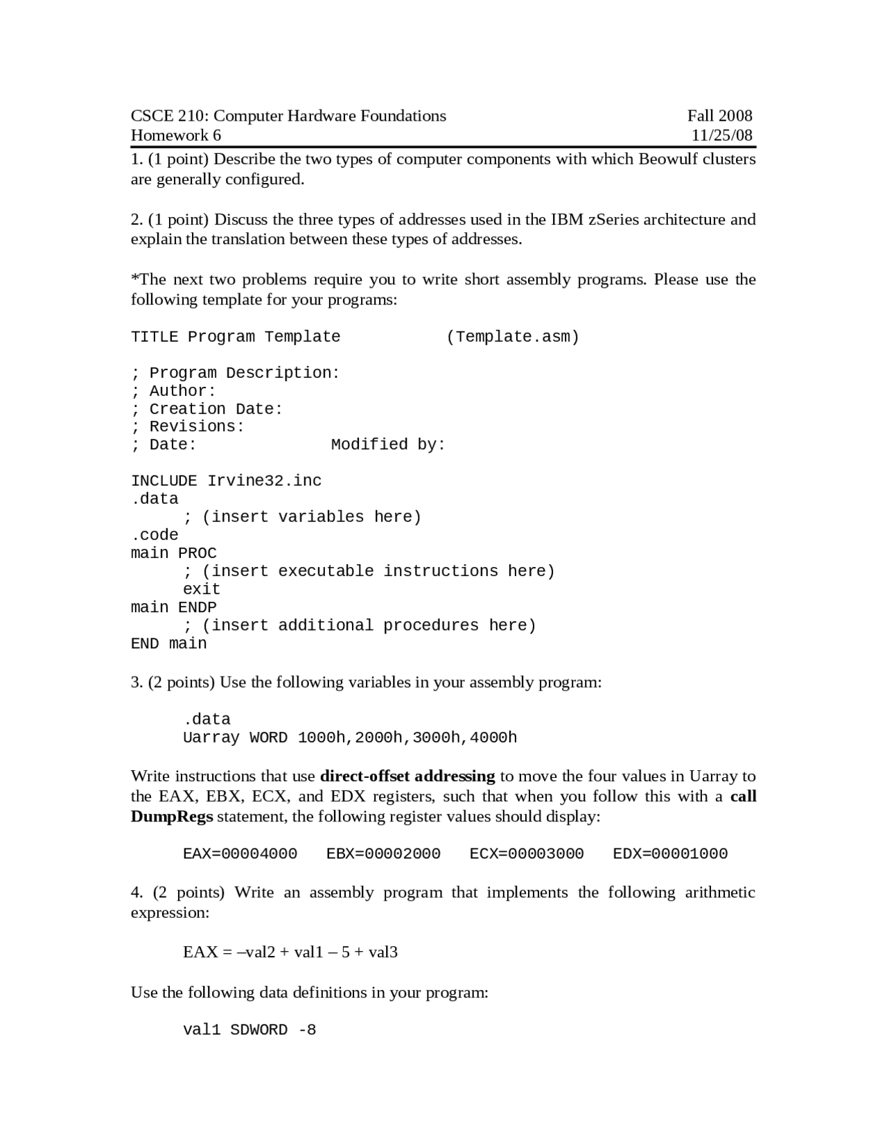 Solutions For Homework 6 Computer Hardware Functions Csce 210 Docsity