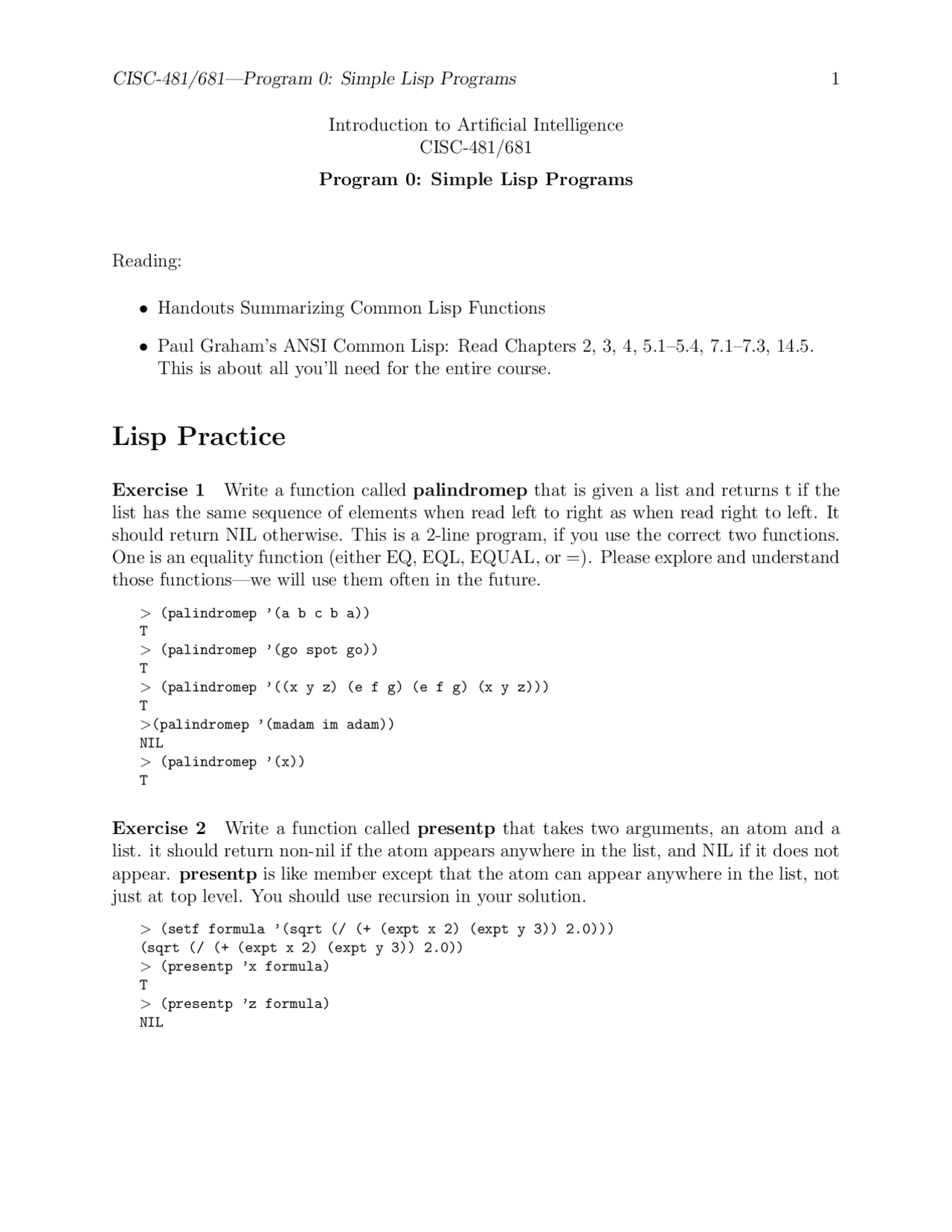 Simple Lisp Programs Artificial Intelligence Cisc 481 Docsity