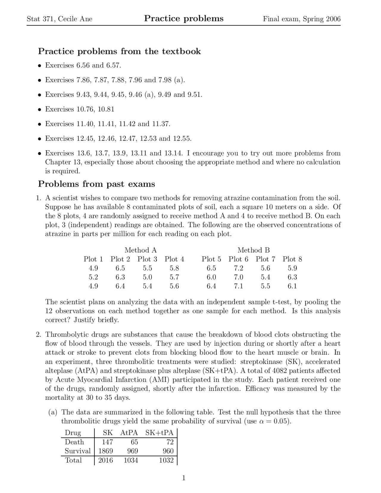 Practice Problems For Final Exam Introductory Applied Statistics