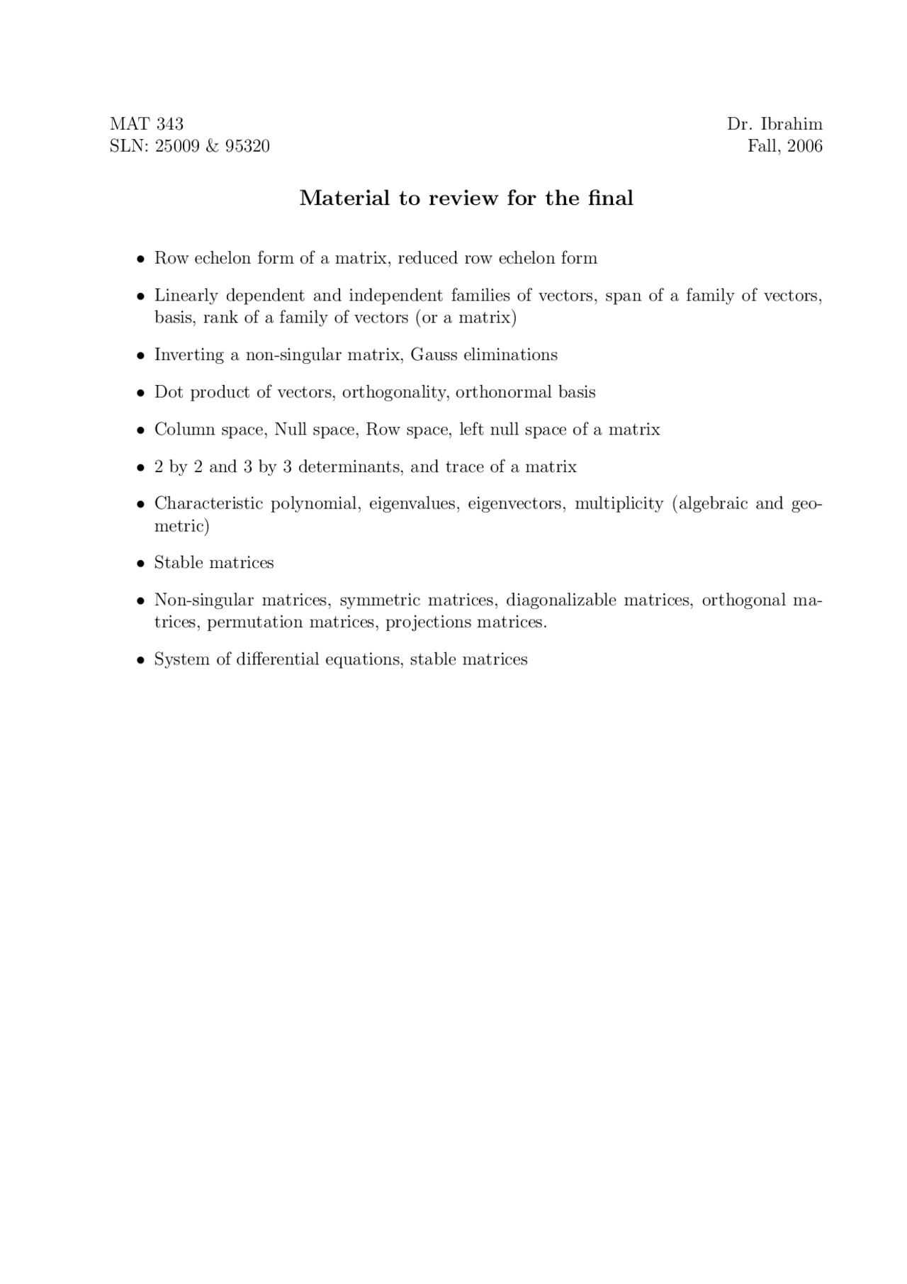 MAT 343: Linear Algebra - Final Exam Preparation | Study notes Linear ...