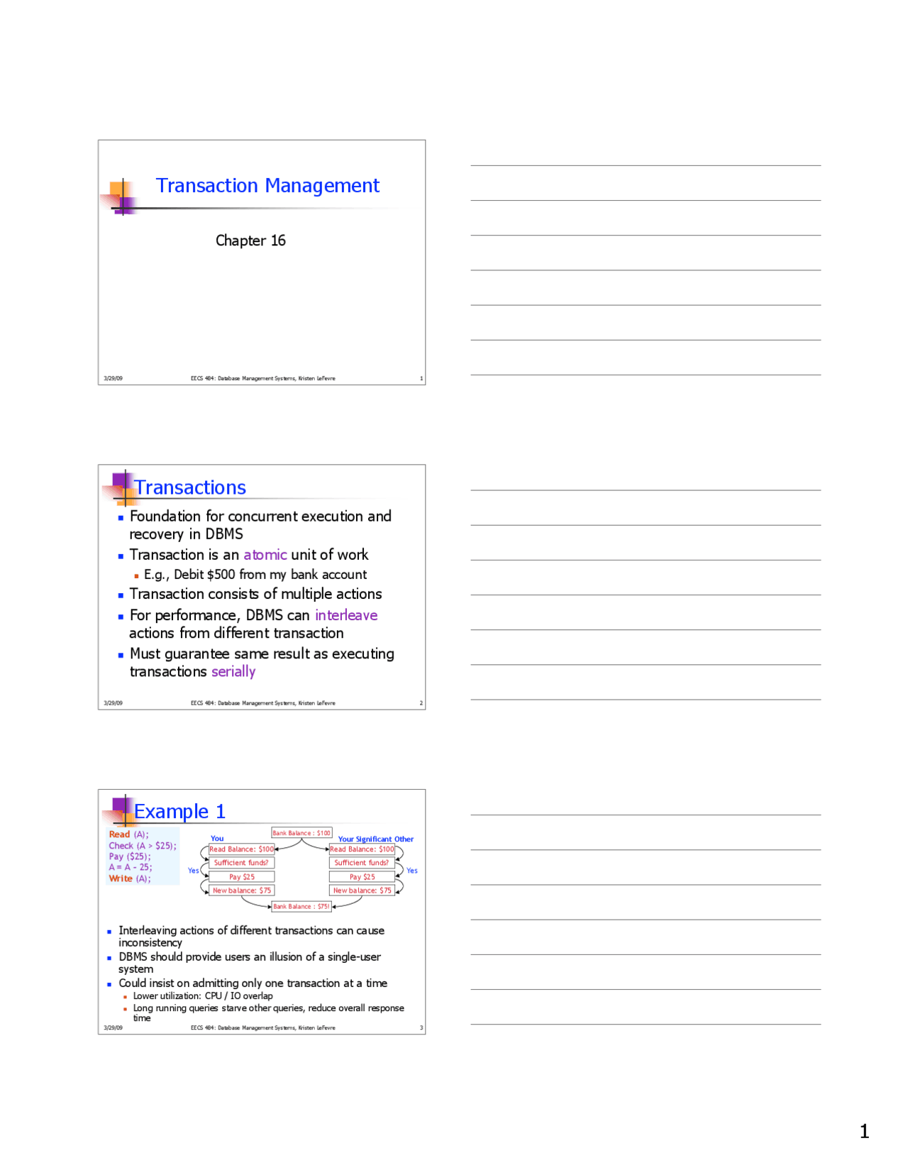 Lecture Slides On Transaction Management Database Management Systems Eecs 484 Docsity