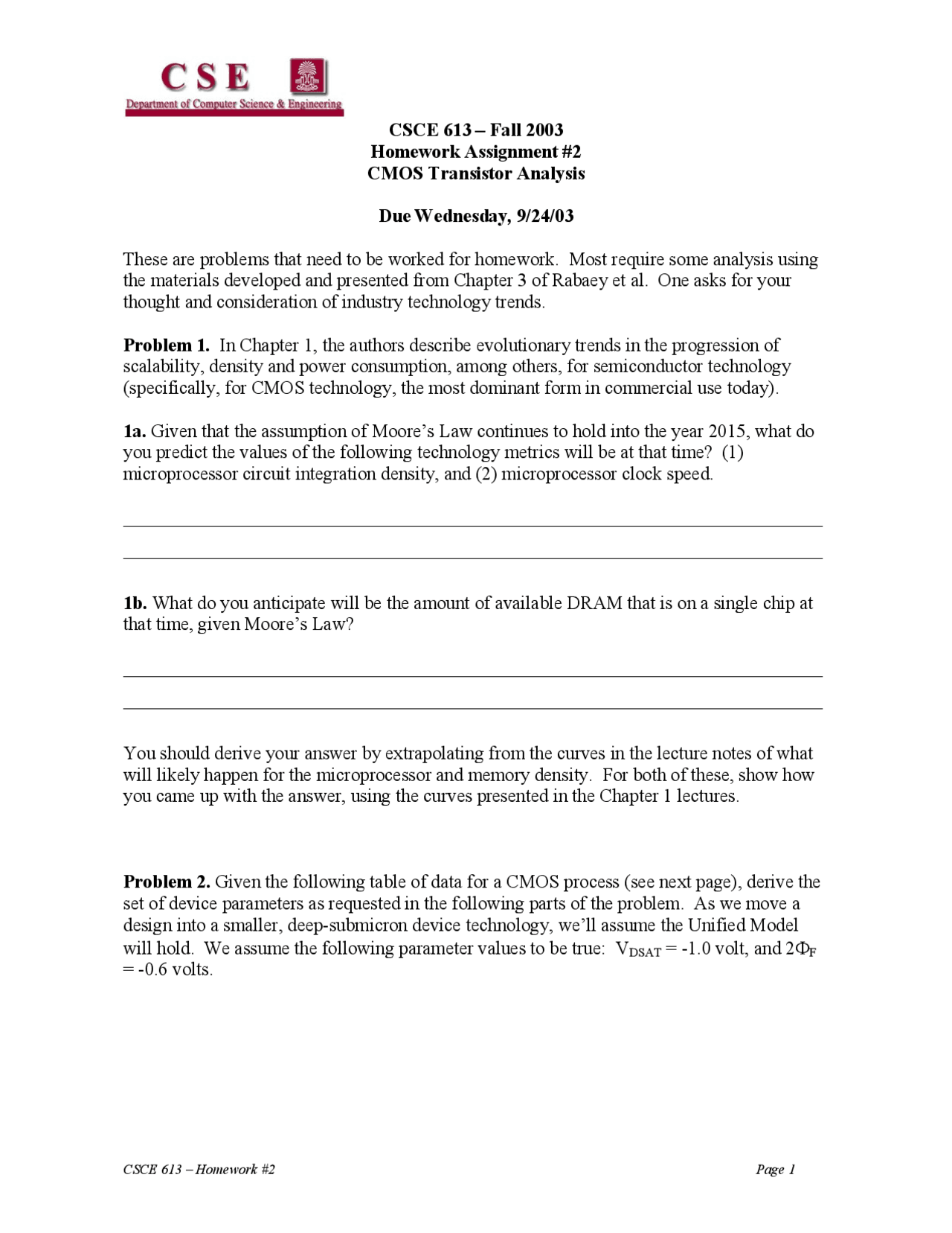 Cmos Transistor Analysis Homework 2 Fall 2003 Csce 613 Docsity