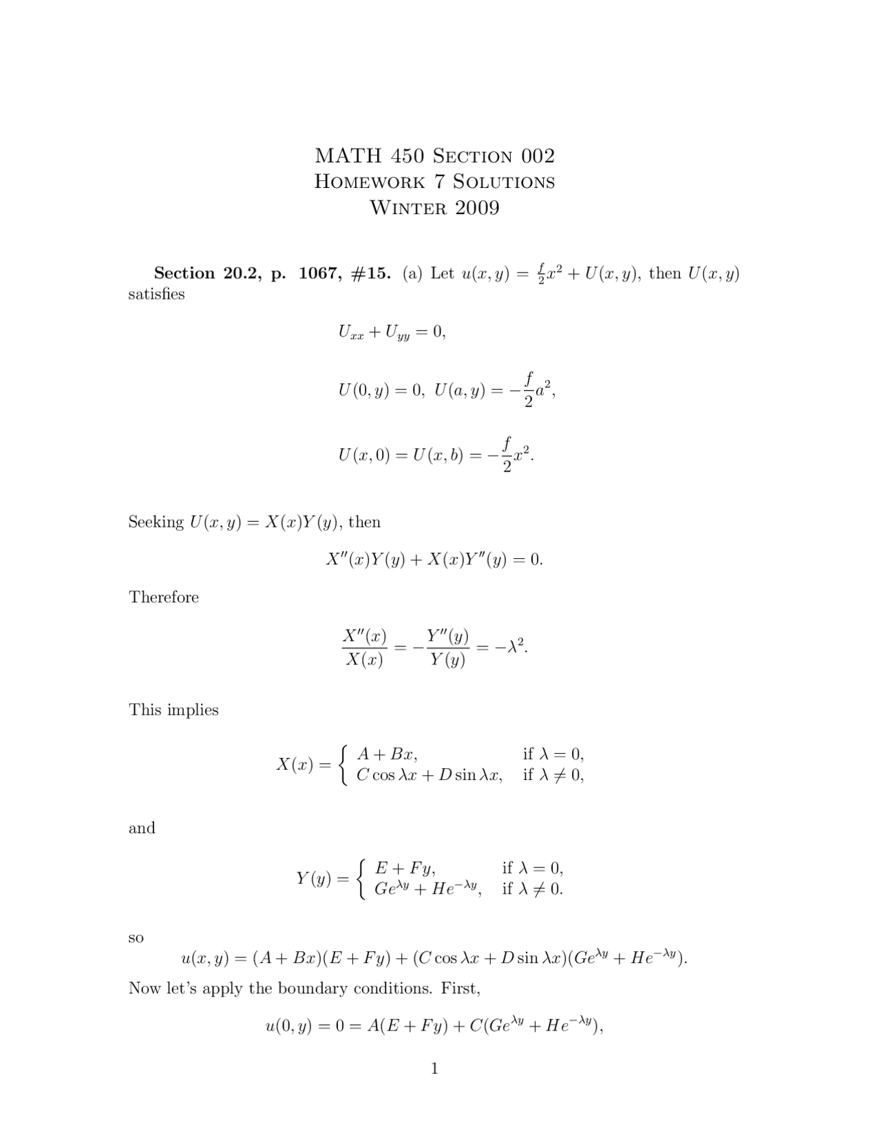 Homework 7 Solutions For Advanced Mathematics Engineers I Math 450