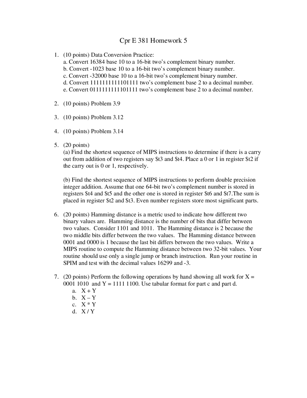 Homework 5 Questions For Computer Organization And Assembly Cpr E 381 Docsity