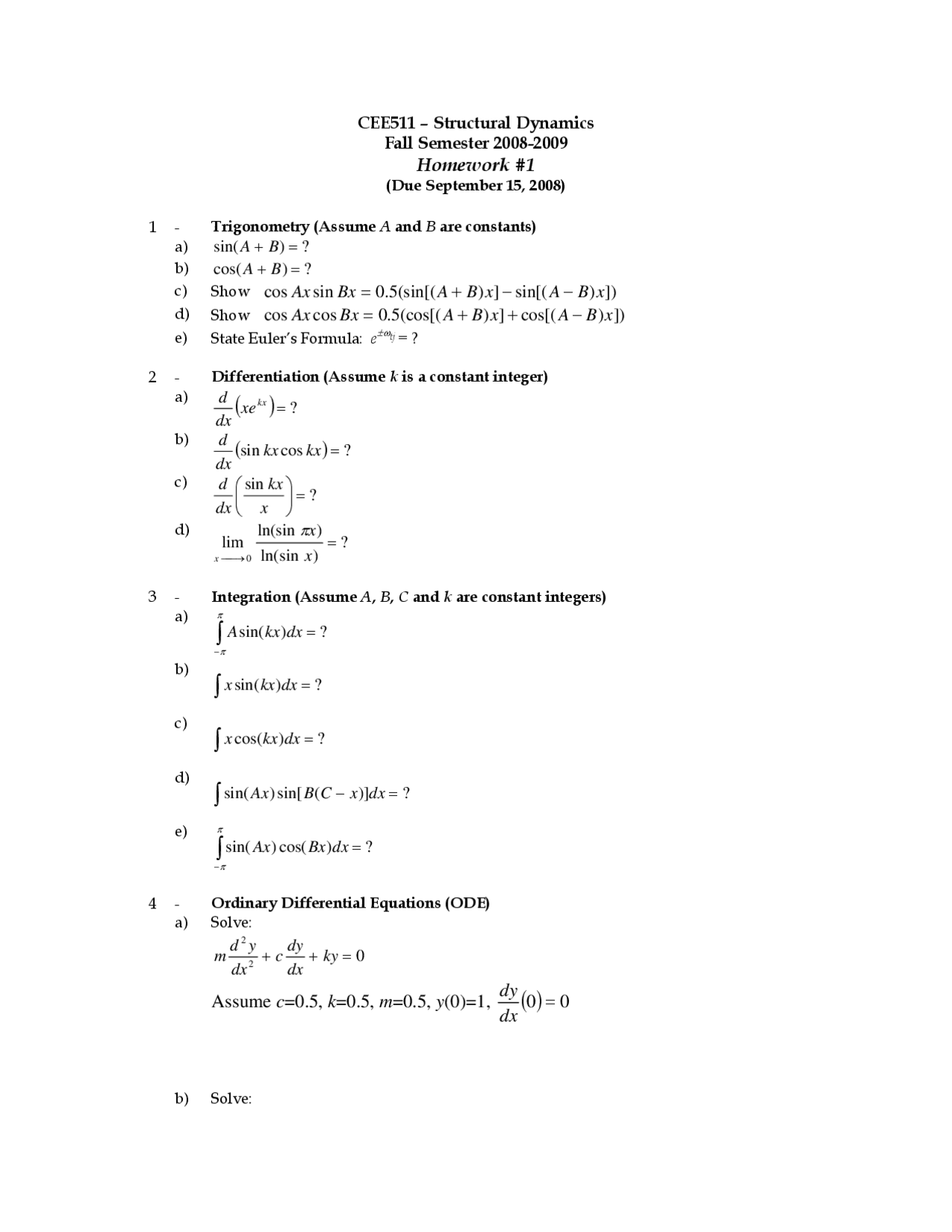 6 Questions On Structural Dynamics Assignment 1 Cee 511 Docsity