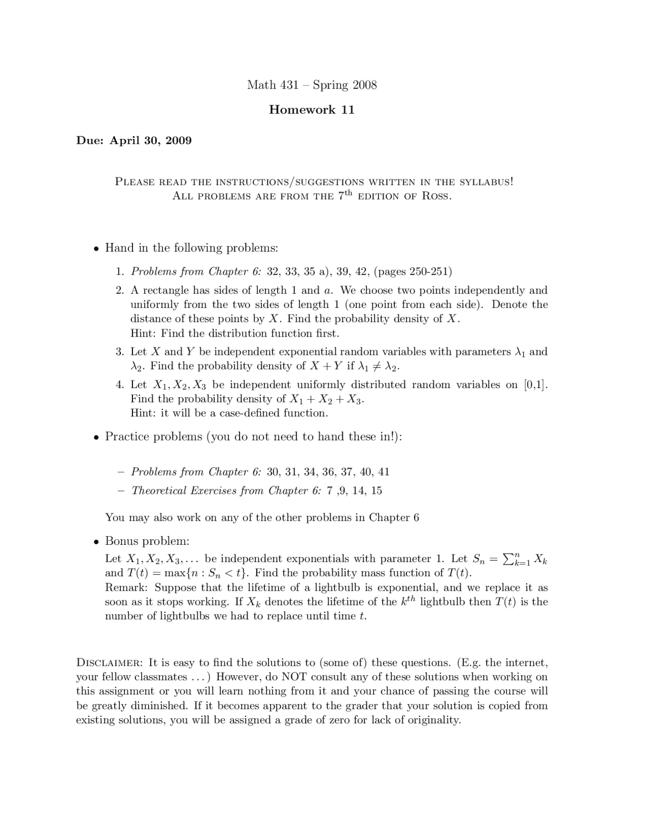 Practice Problem Set 11 - Introduction to the Theory of Probability | MATH 431 - Docsity