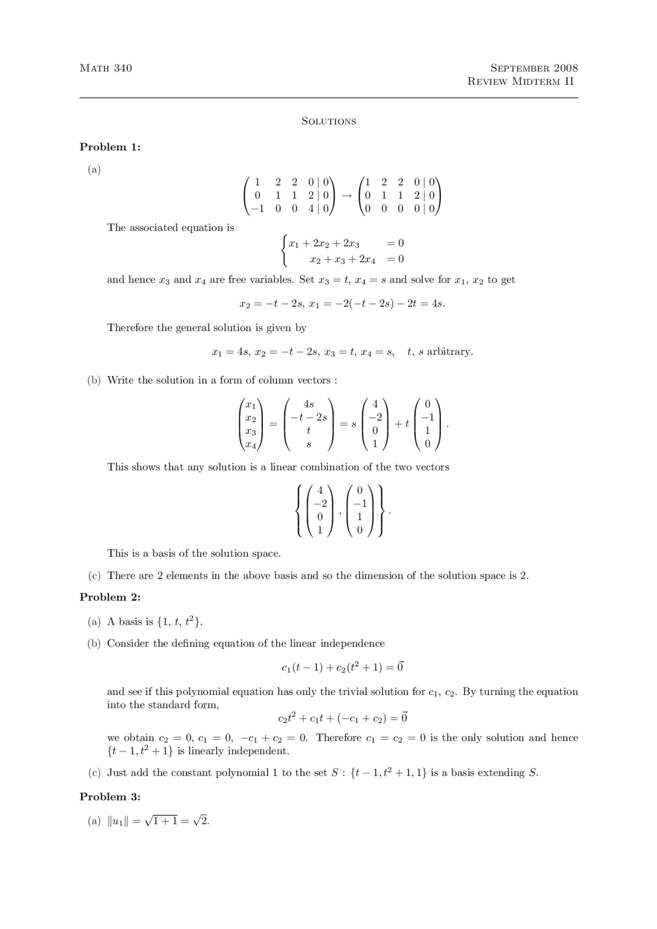 Review Midterm Ii For Elementary Matrix And Linear Algebra Math 340