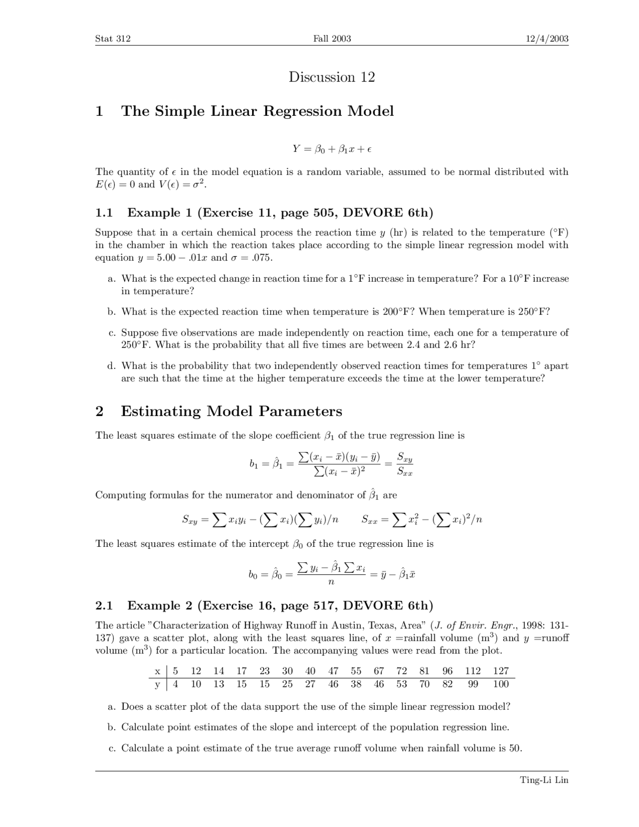 Simple Linear Regression Model Models Parameters Notes Stat 312