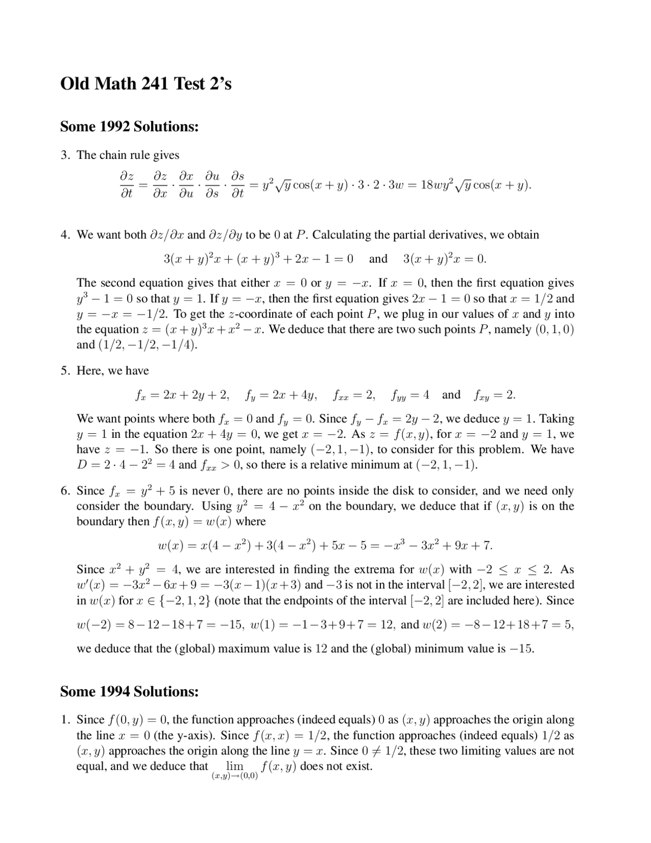 Exam 2 Solutions For Vector Calculus Math 241 Docsity