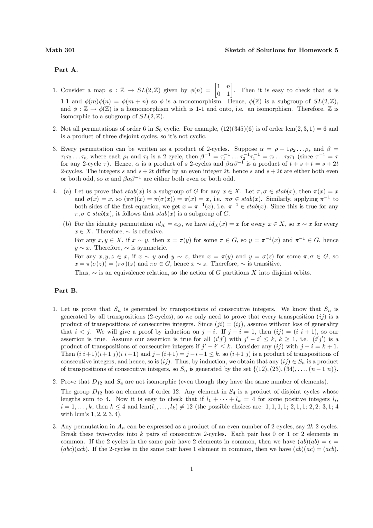 Math 301 HW 5: Subgroup Isomorphisms & Cyclic Permutations Sketch | Assignments Linear Algebra ...