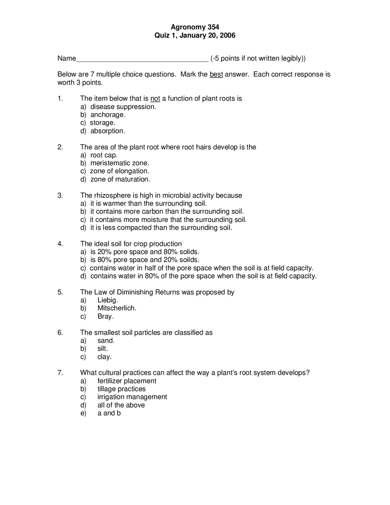 Practice Quiz 1 - Soils and Plant Growth | AGRON 354 - Docsity