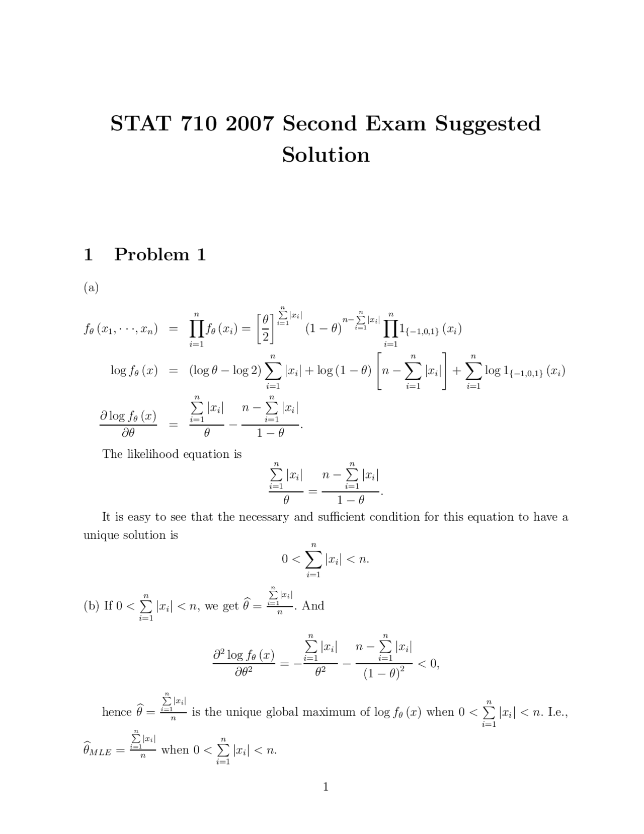 Exam With Solution Mathematical Statistics Stat 710 Docsity