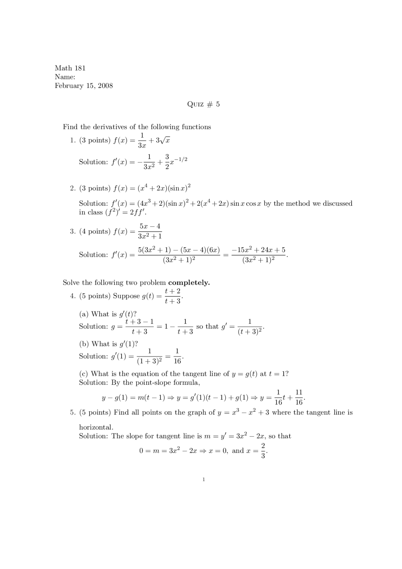 Quiz Solutions for Math 181 - Quiz #5 | Quizzes Mathematics | Docsity
